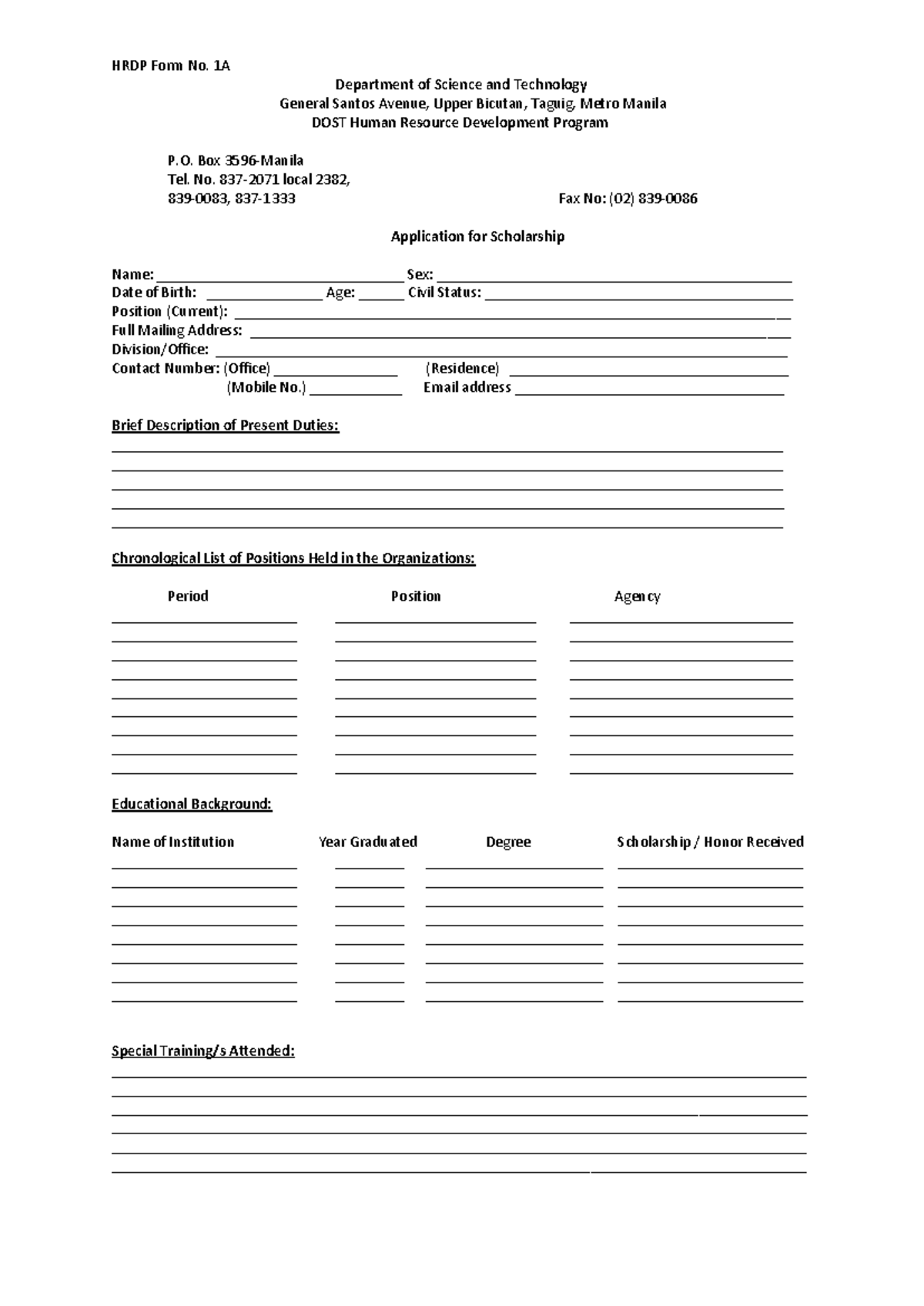 HRDP Form No 1A Application for Scholarship - HRDP Form No. 1A ...