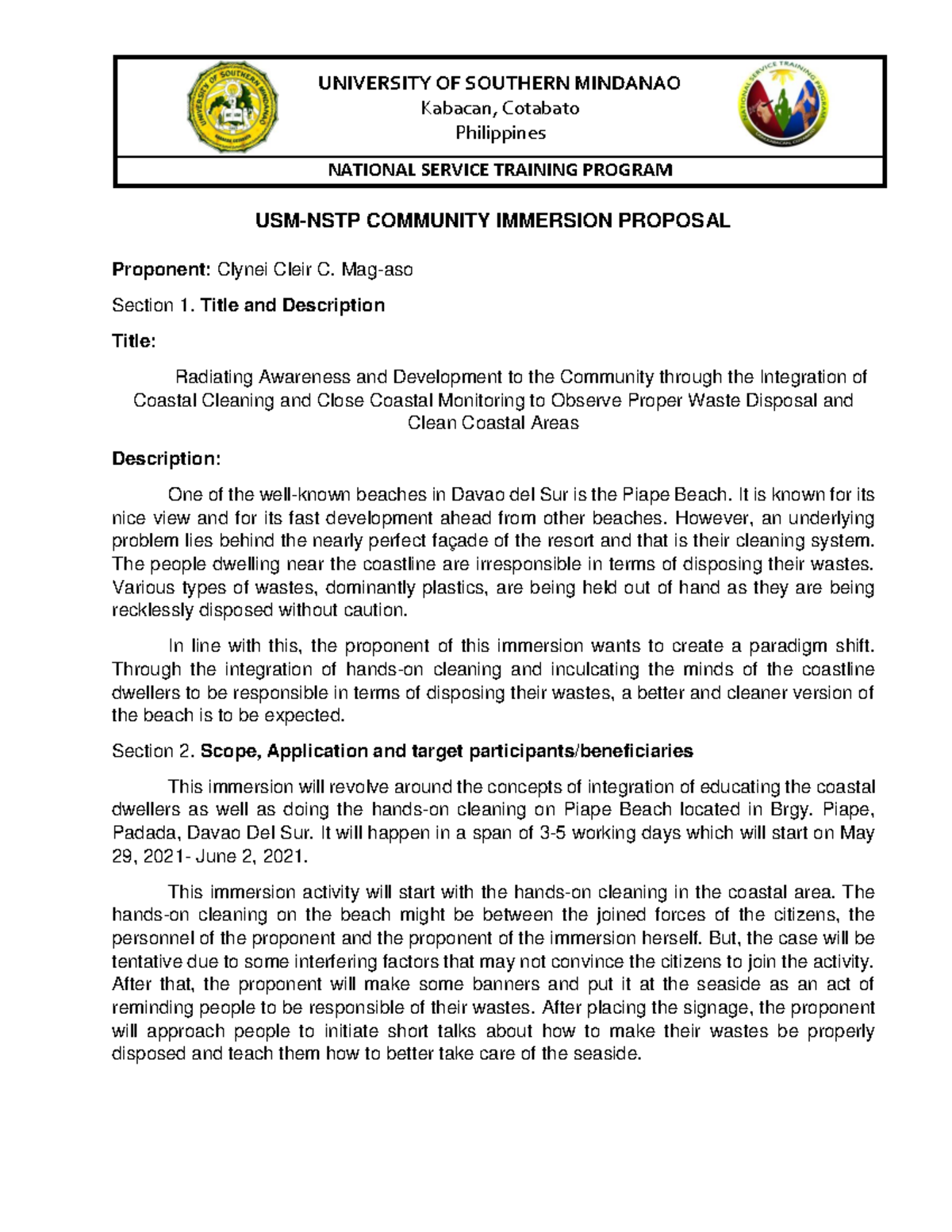 (NSTP Proposal) - UNIVERSITY OF SOUTHERN MINDANAO Kabacan, Cotabato ...
