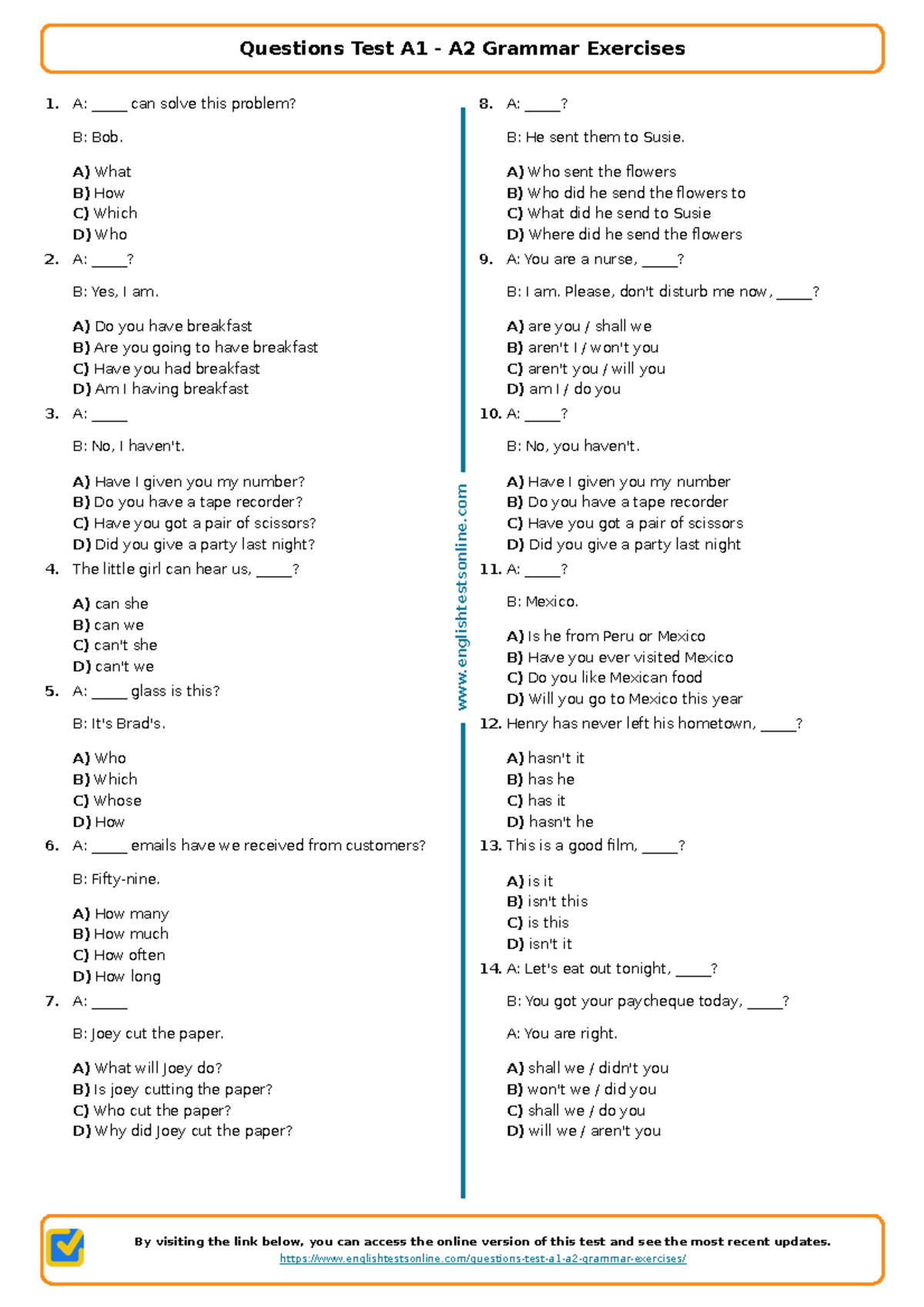 460 questions-test-a1-a2-grammar-exercises englishtestsonline - A ...