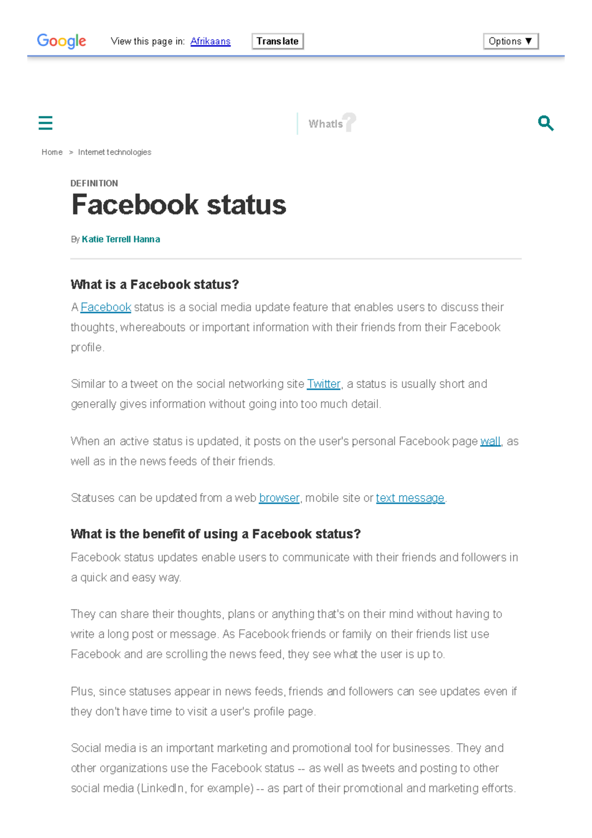 What is a Facebook status - Home > Internet technologies DEFINITION ...