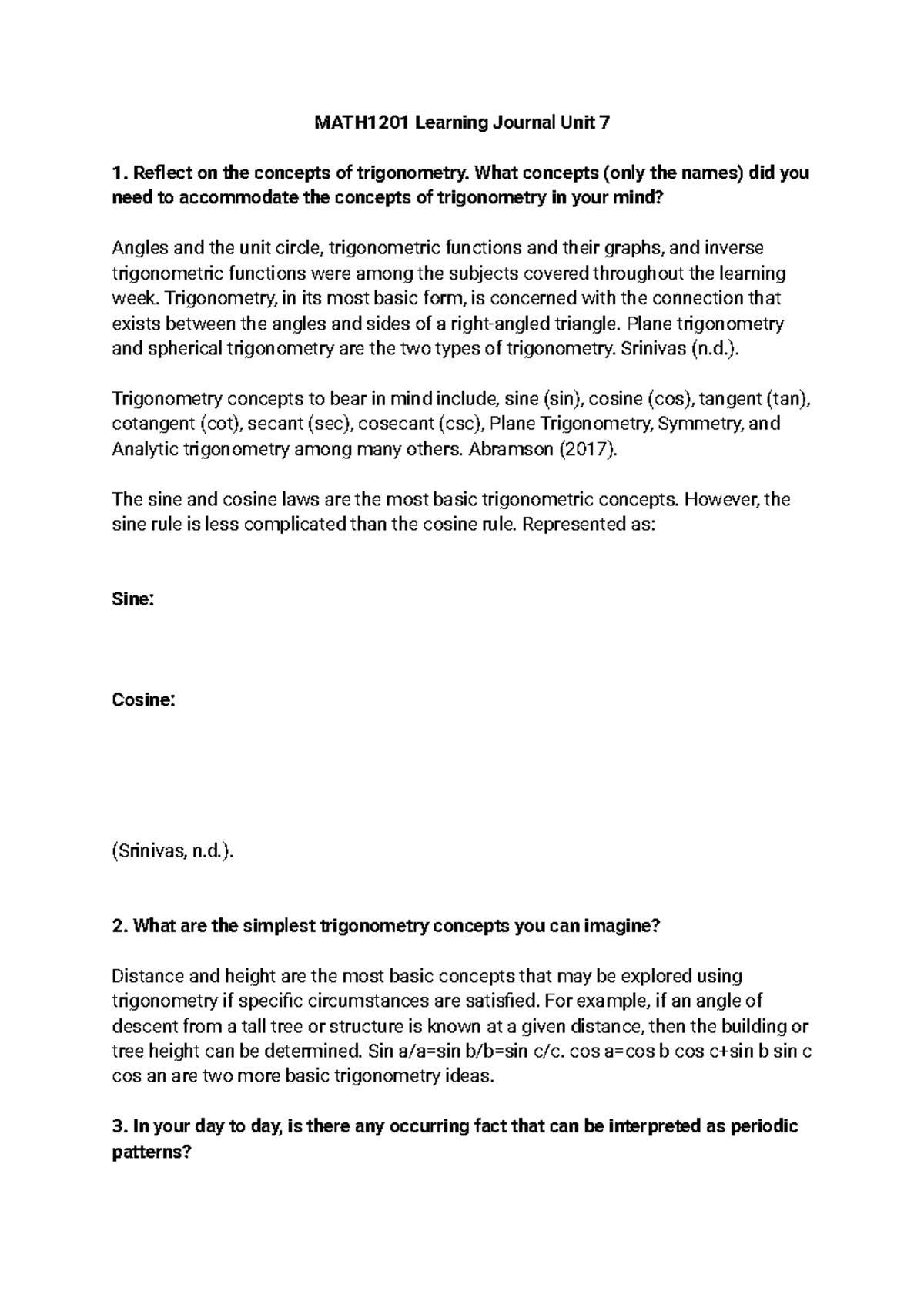 MATH1201 Learning Journal Unit 7 - What concepts (only the names) did you need to accommodate ...