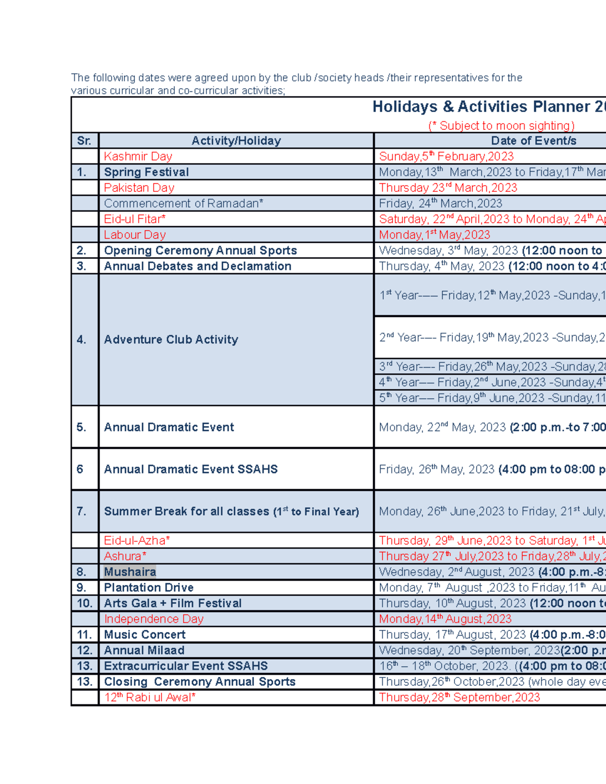 Annual activities planner - The following dates were agreed upon by the ...