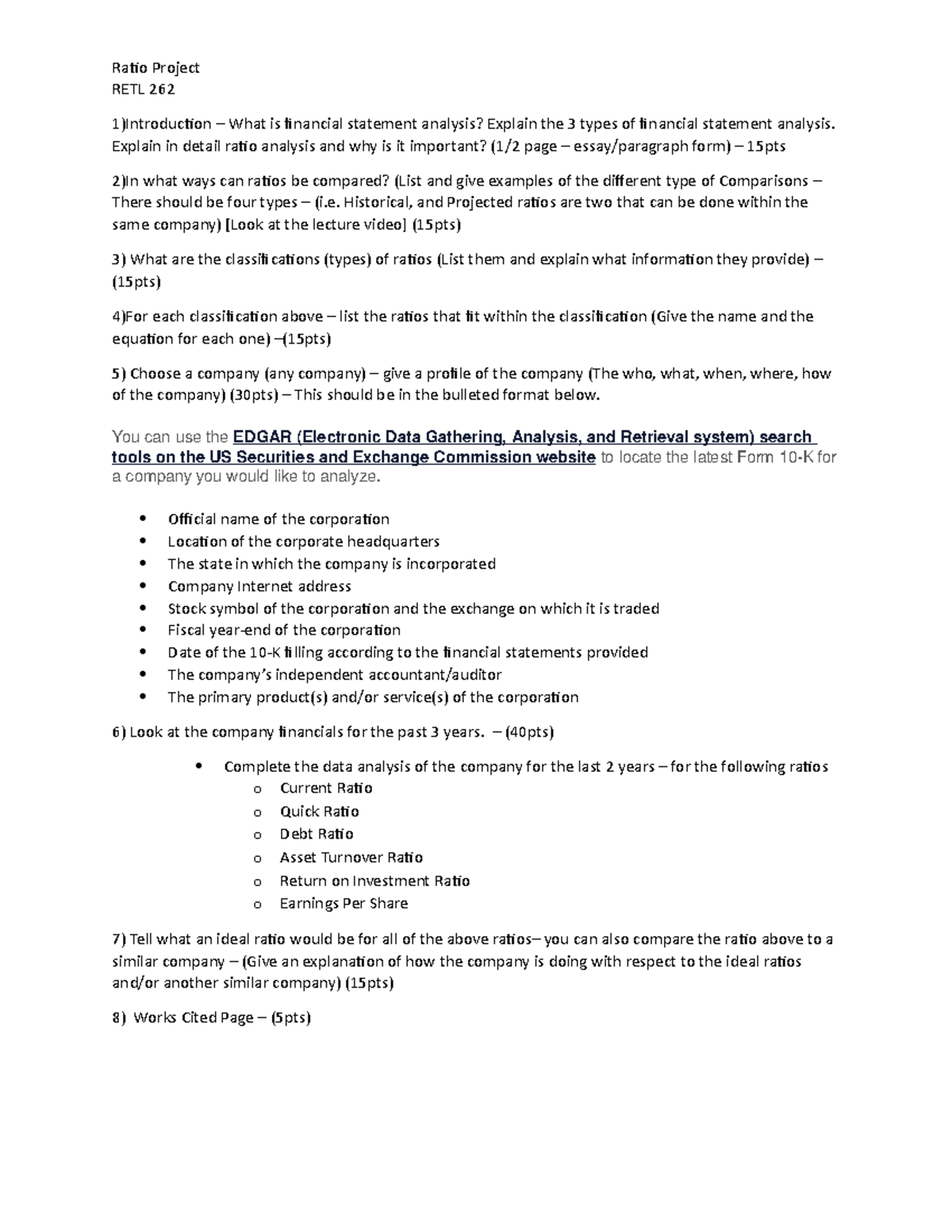 Financial Statement Ratio Analysis Project - Ratio Project RETL 262 1 ...