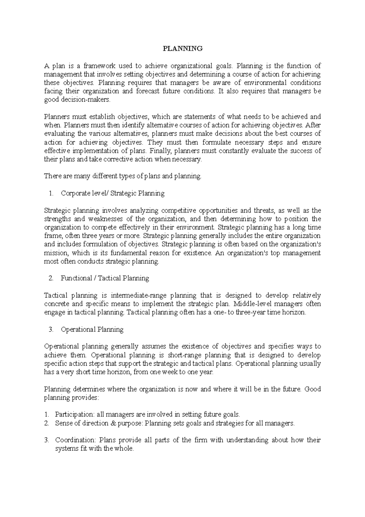 Planning - Lecture notes 3 - PLANNING A plan is a framework used to ...