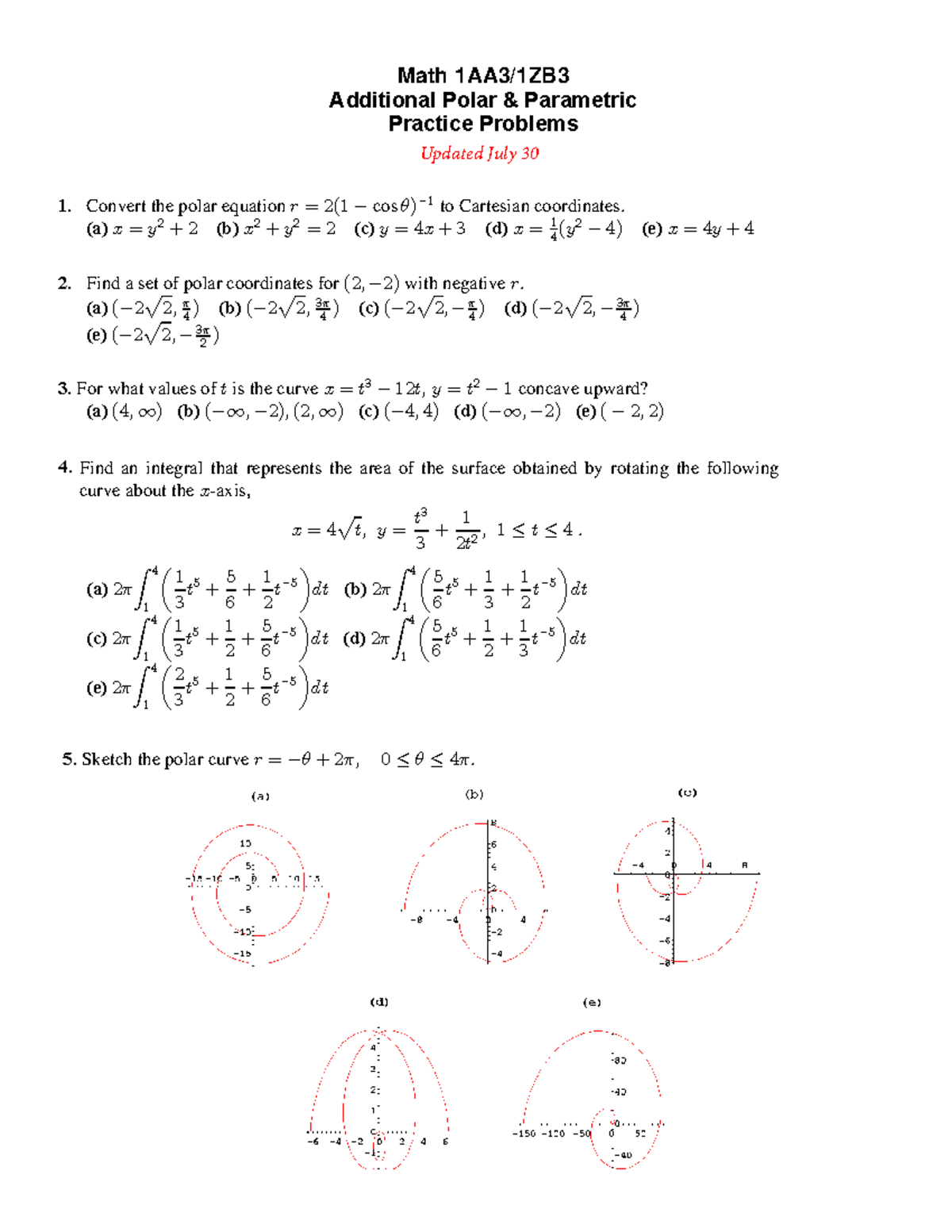 Additional Polar Parametric Math 1aa31zb Additional Polar And Parametric Practice Problems