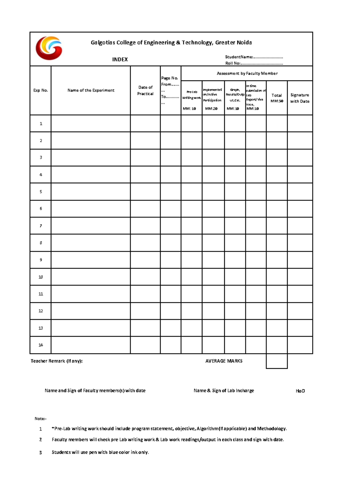 Index Practical File - Class material - Pre-Lab Writing work ...