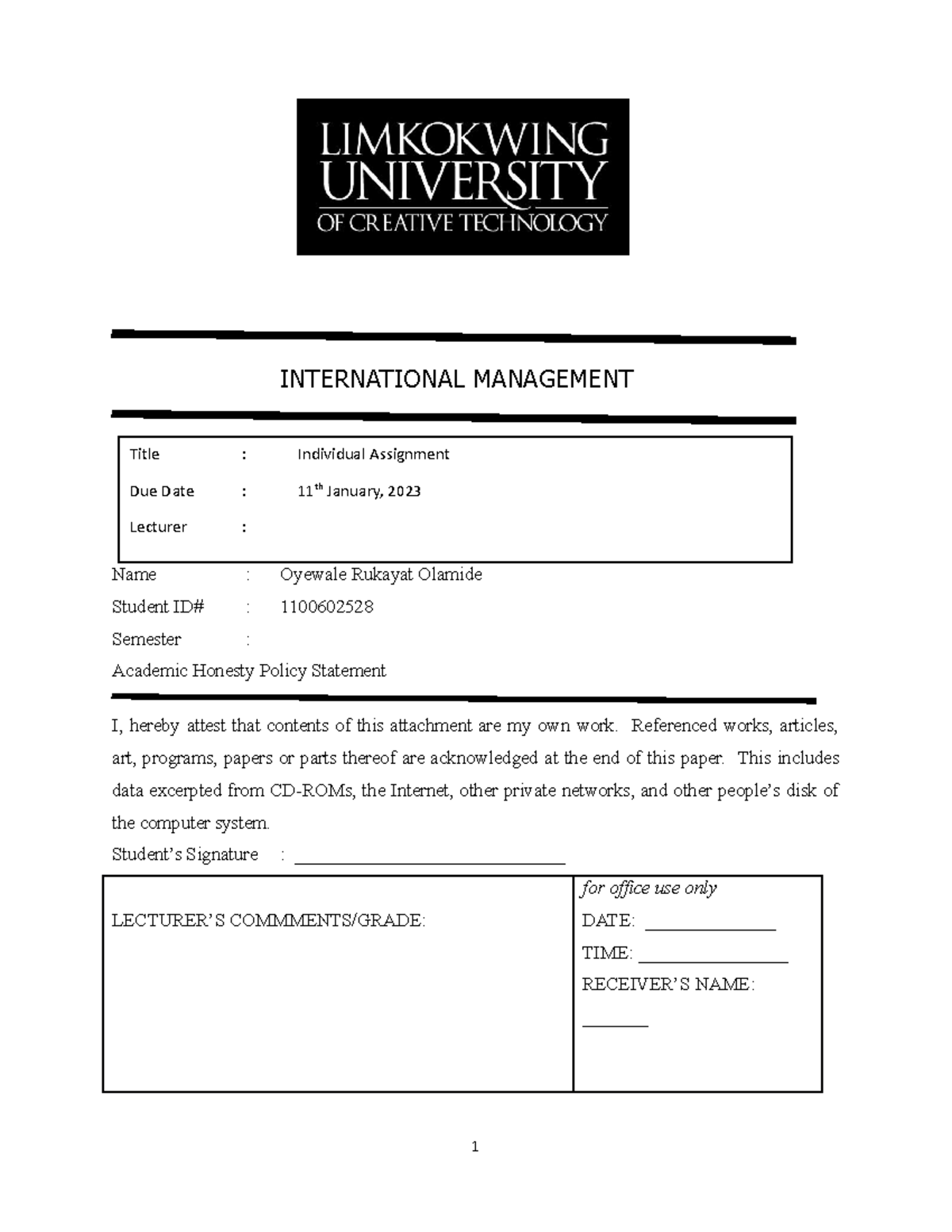 International Management IND - INTERNATIONAL MANAGEMENT Name : Oyewale ...