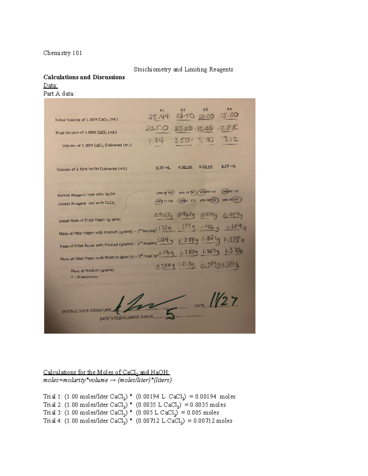 Chemistry 101 Stoichiometry and Limiting Reagents Discussions Data ...
