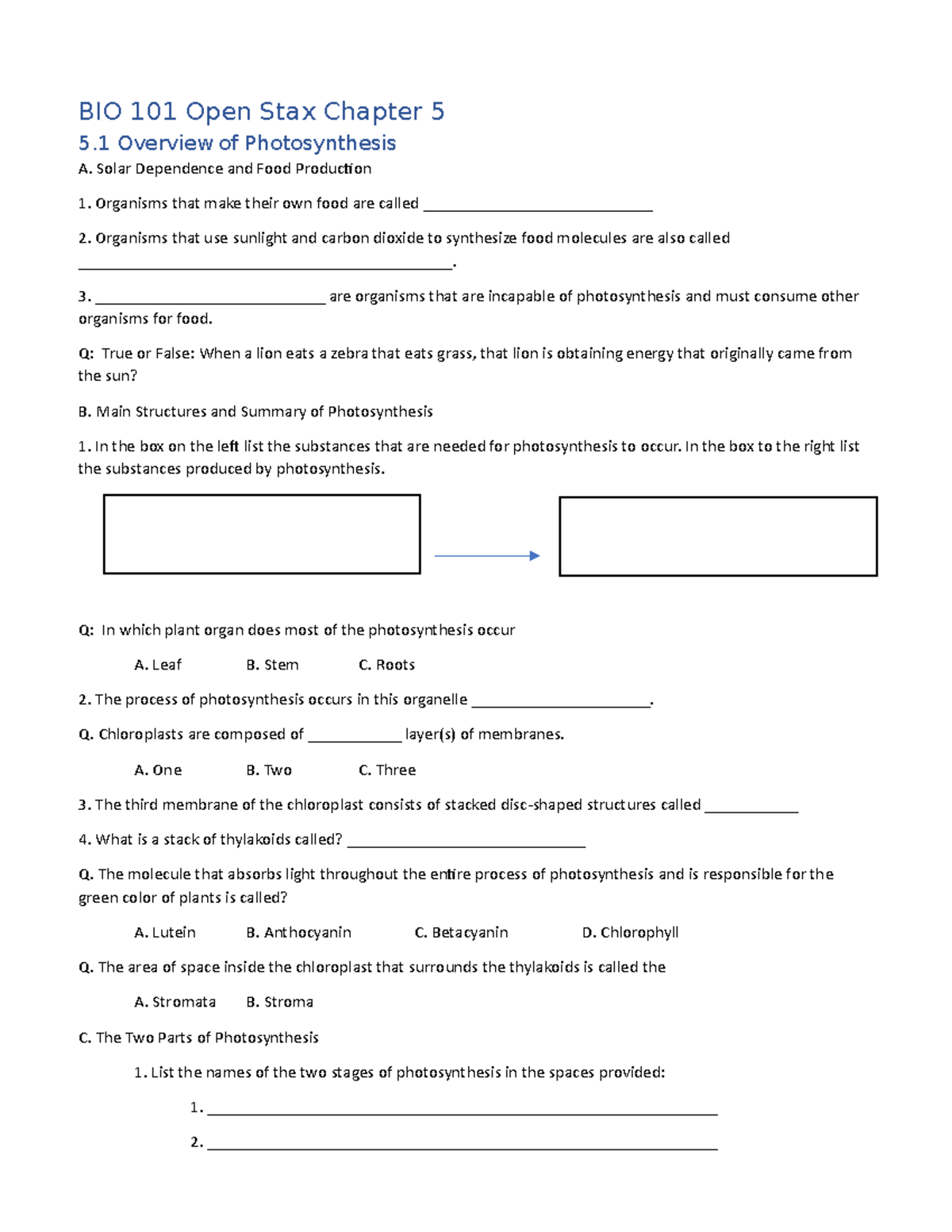 Bio 101 Open Stax Chapter 5 Guided Notes Bio 101 Open Stax Chapter 5 5 Overview Of