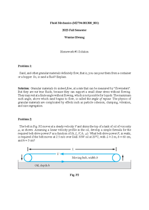 Chapter 1 Assignment - fluid mechanics - Fluid Mechanics (M2794_00 1 ) 2023 Fall Semester Wontae ...