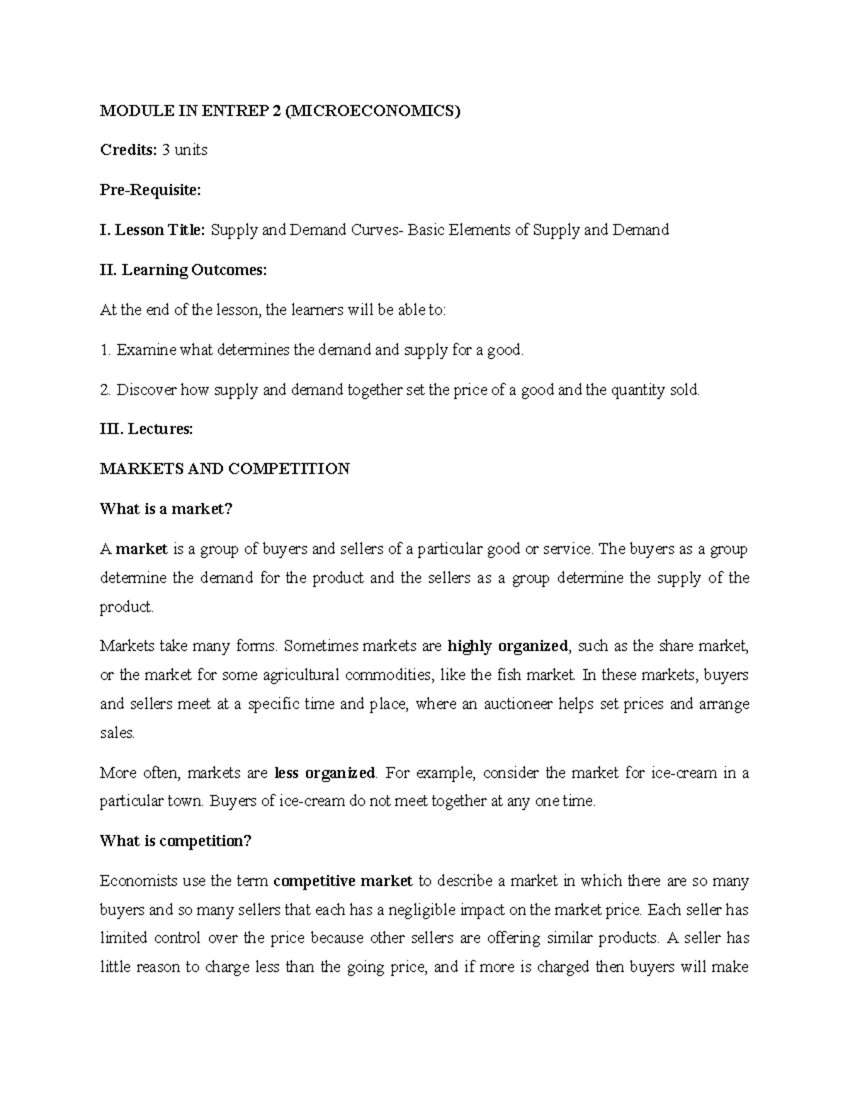 Entrep-2 Lesson 2 - MODULE IN ENTREP 2 (MICROECONOMICS) Credits: 3 ...