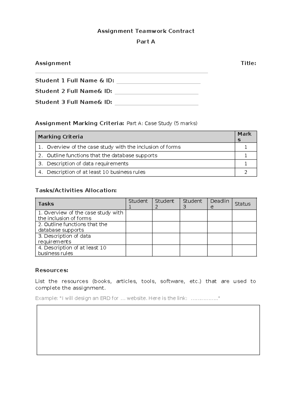 0-Assignment Part A Teamwork Contract - Assignment Teamwork Contract ...