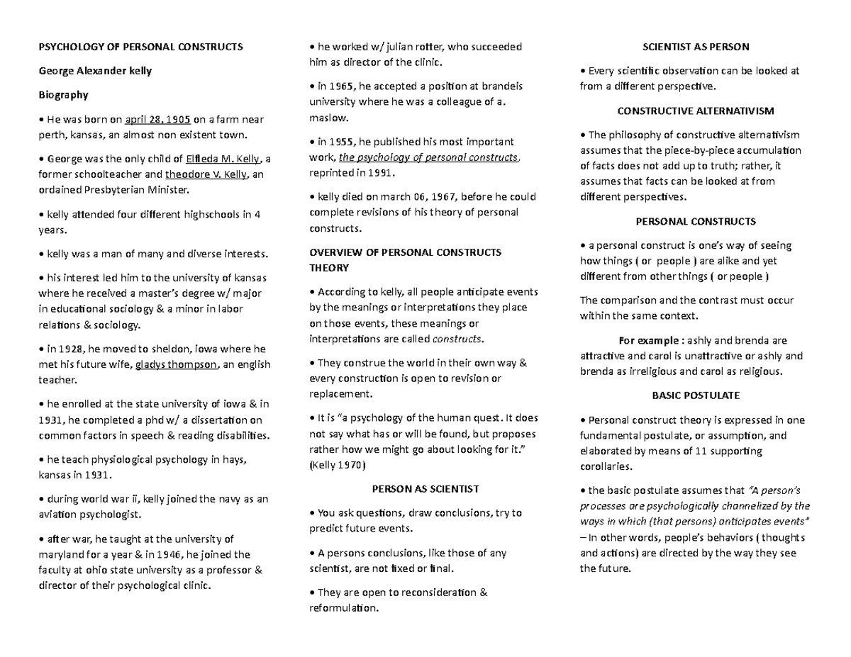 Kelly- Reviewer - PSYCHOLOGY OF PERSONAL CONSTRUCTS George Alexander ...