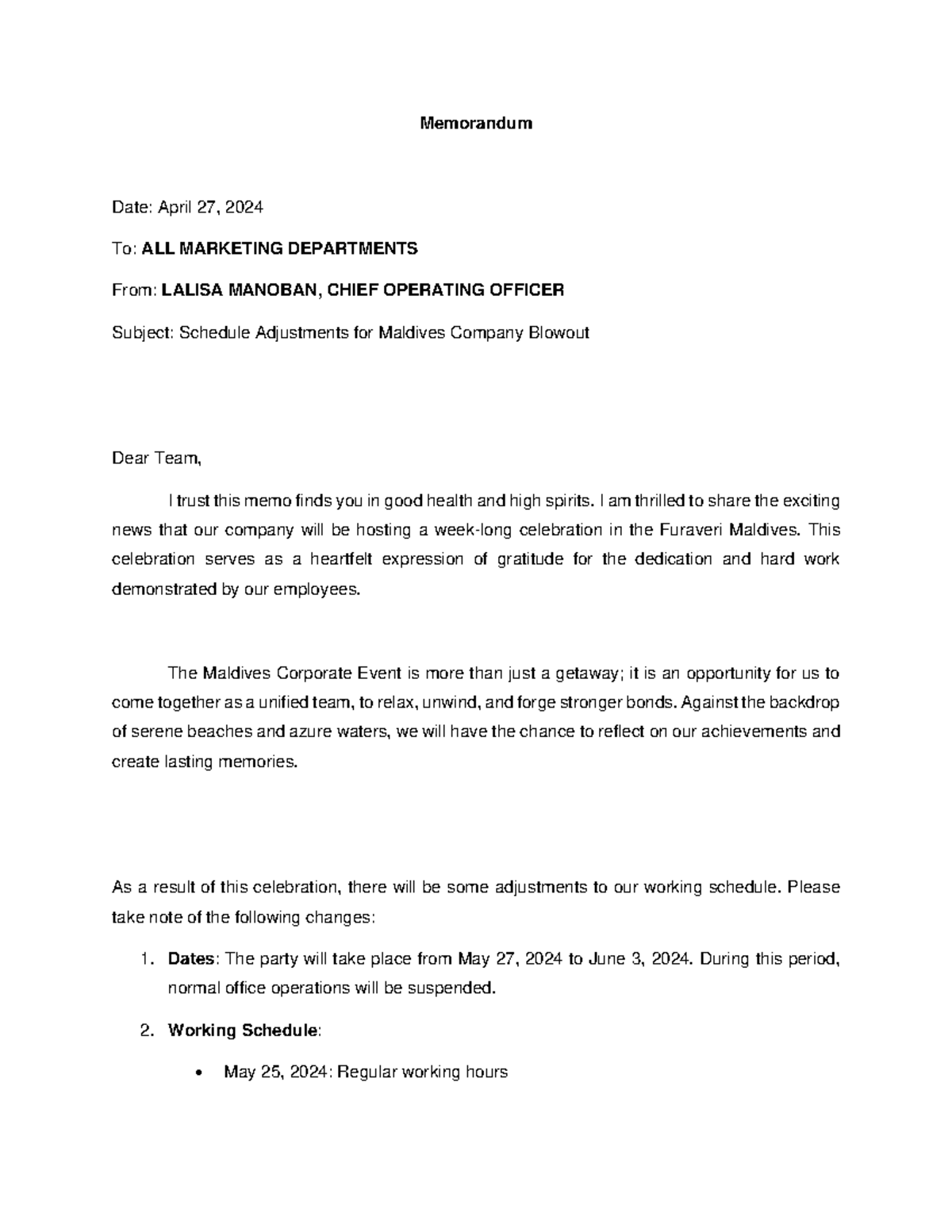 Memorandum english - Memorandum Date: April 27, 2024 To: ALL MARKETING ...
