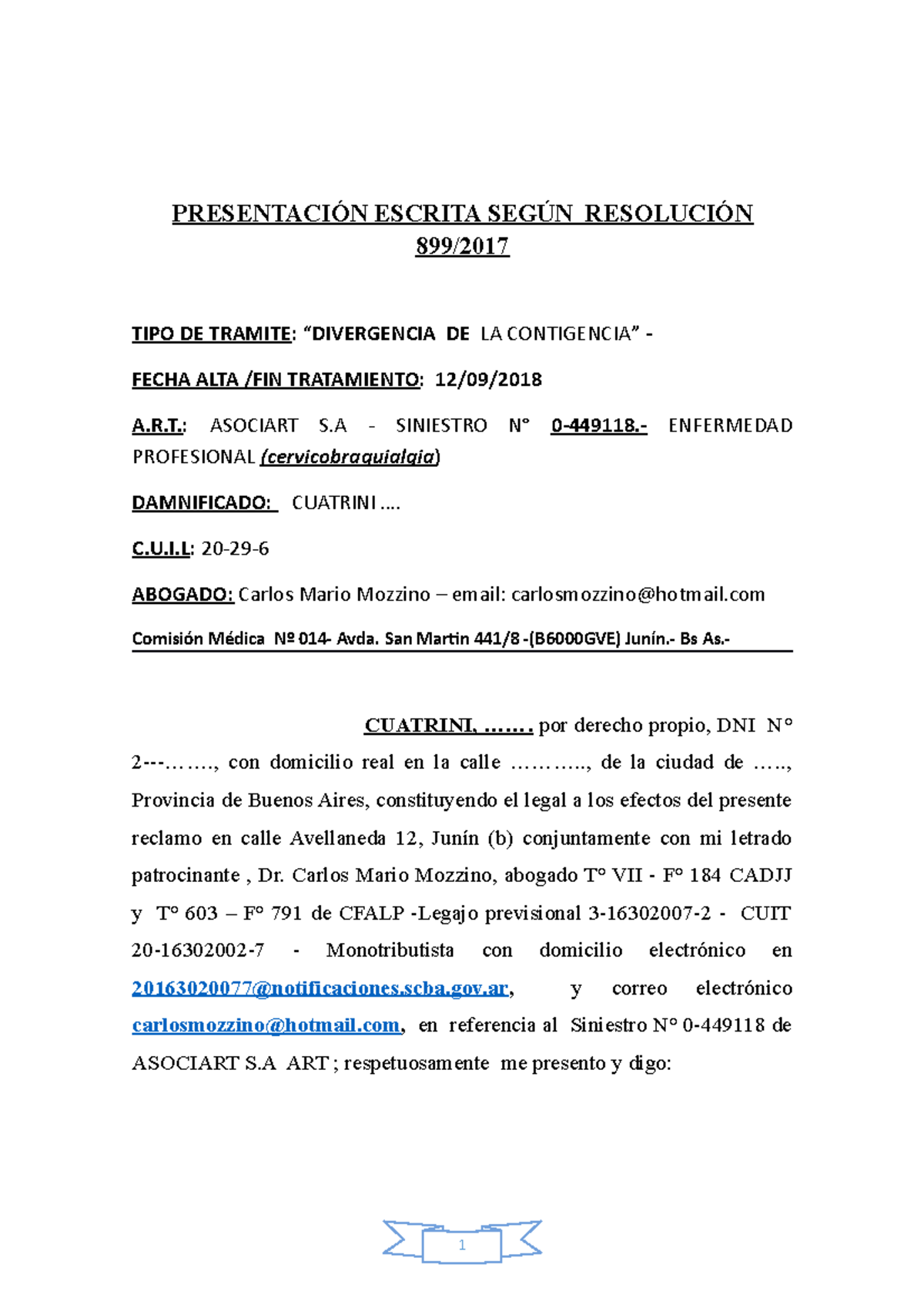 Modelo Denucia Enfermedad a la SRT - PRESENTACIÓN ESCRITA SEGÚN ...