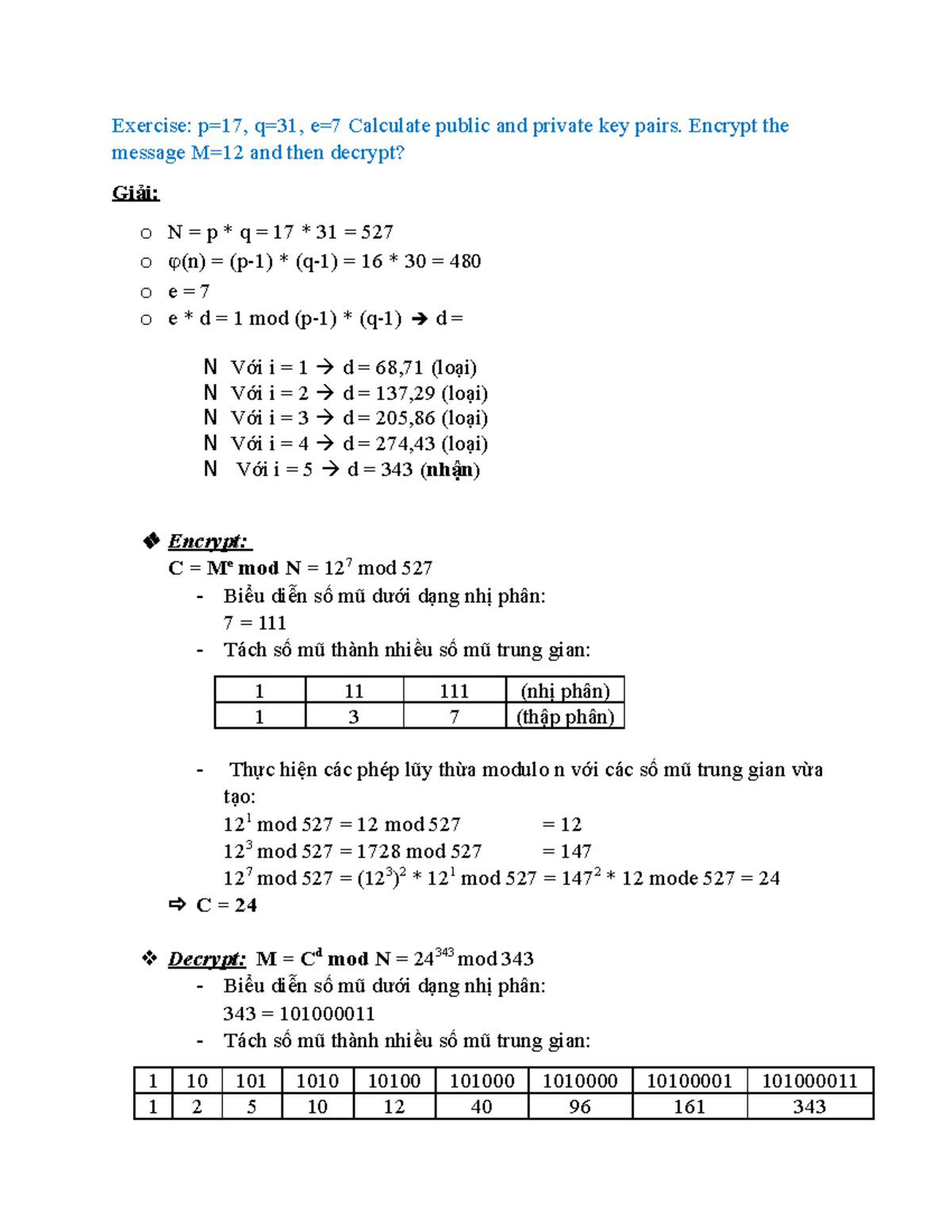 Exercise bmtt - this document is not helpful - Exercise: p=17, q=31, e ...