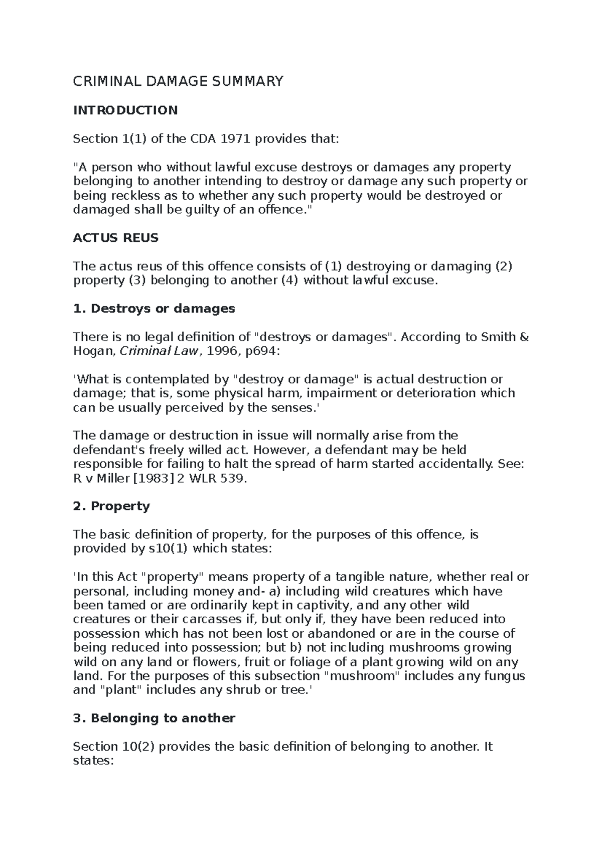 Criminal damage summary - CRIMINAL DAMAGE SUMMARY INTRODUCTION Section ...