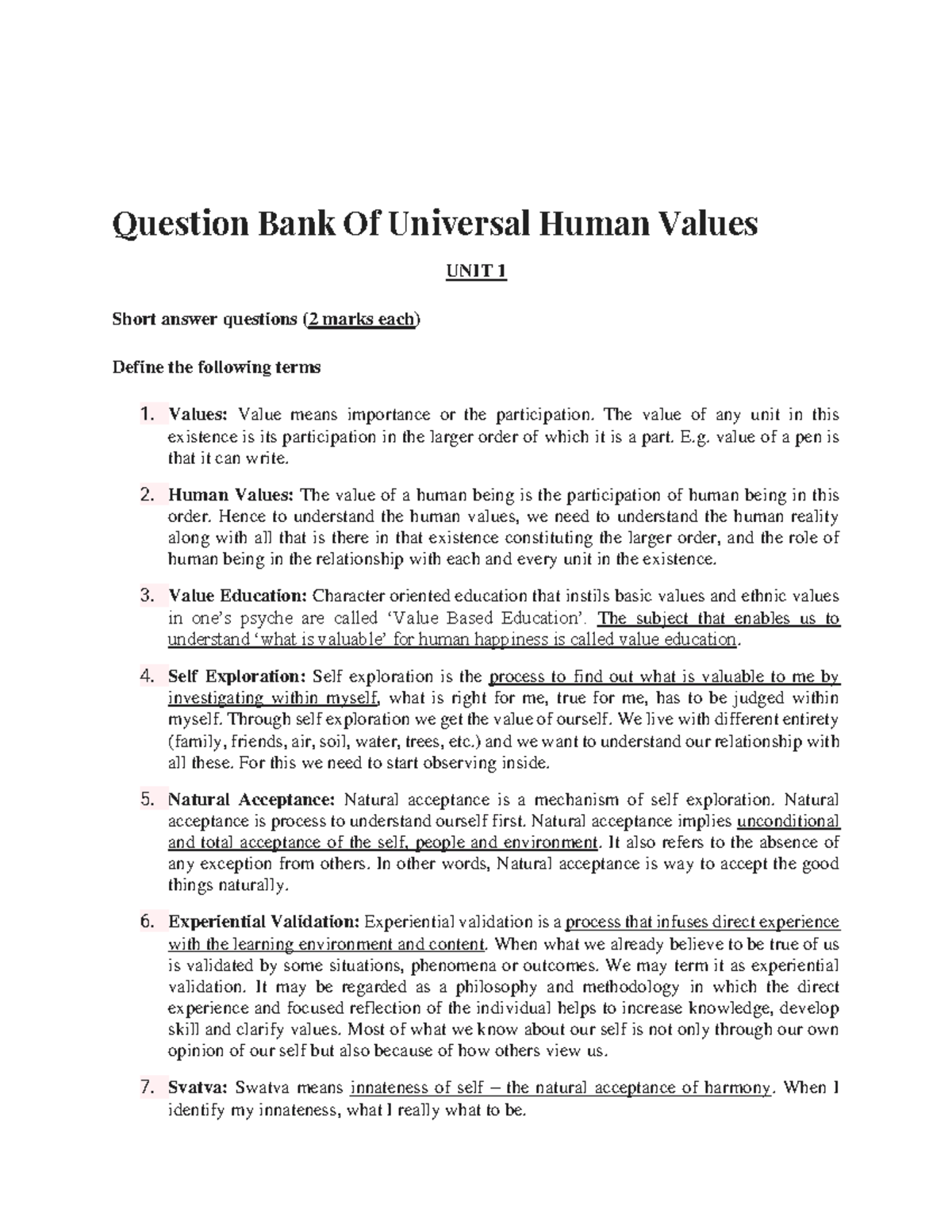 DOC-20220914-WA00181 - Question Bank Of Universal Human Values UNIT 1 ...