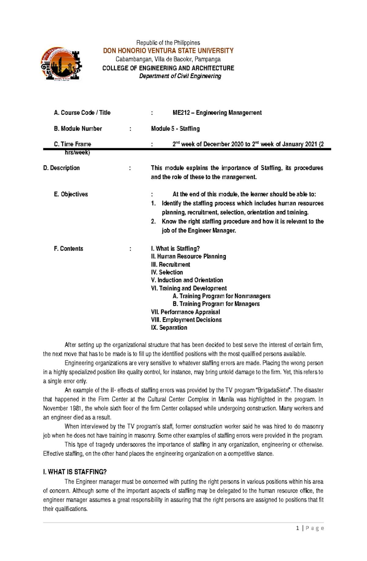 ME 212 Module 5 Staffing - A. Course Code / Title : ME212 – Engineering ...