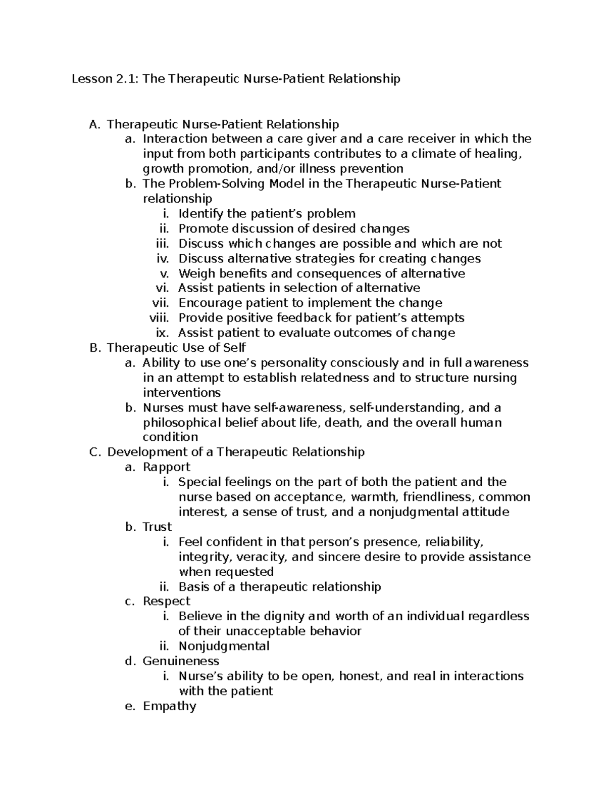 Lesson 2 334 - Lesson 2: The Therapeutic Nurse-Patient Relationship A ...