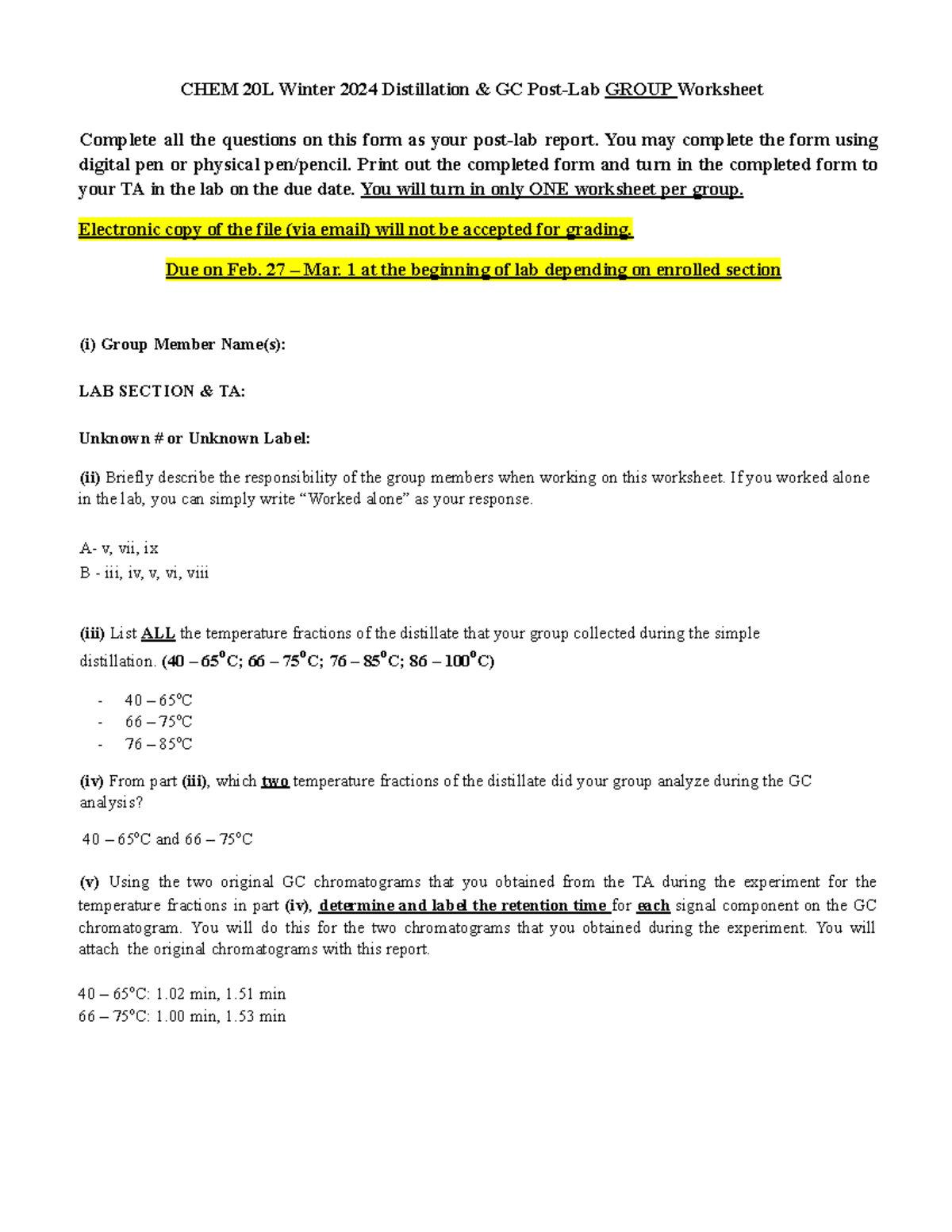 Distillation GC Post-Lab - CHEM 20L Winter 2024 Distillation & GC Post ...