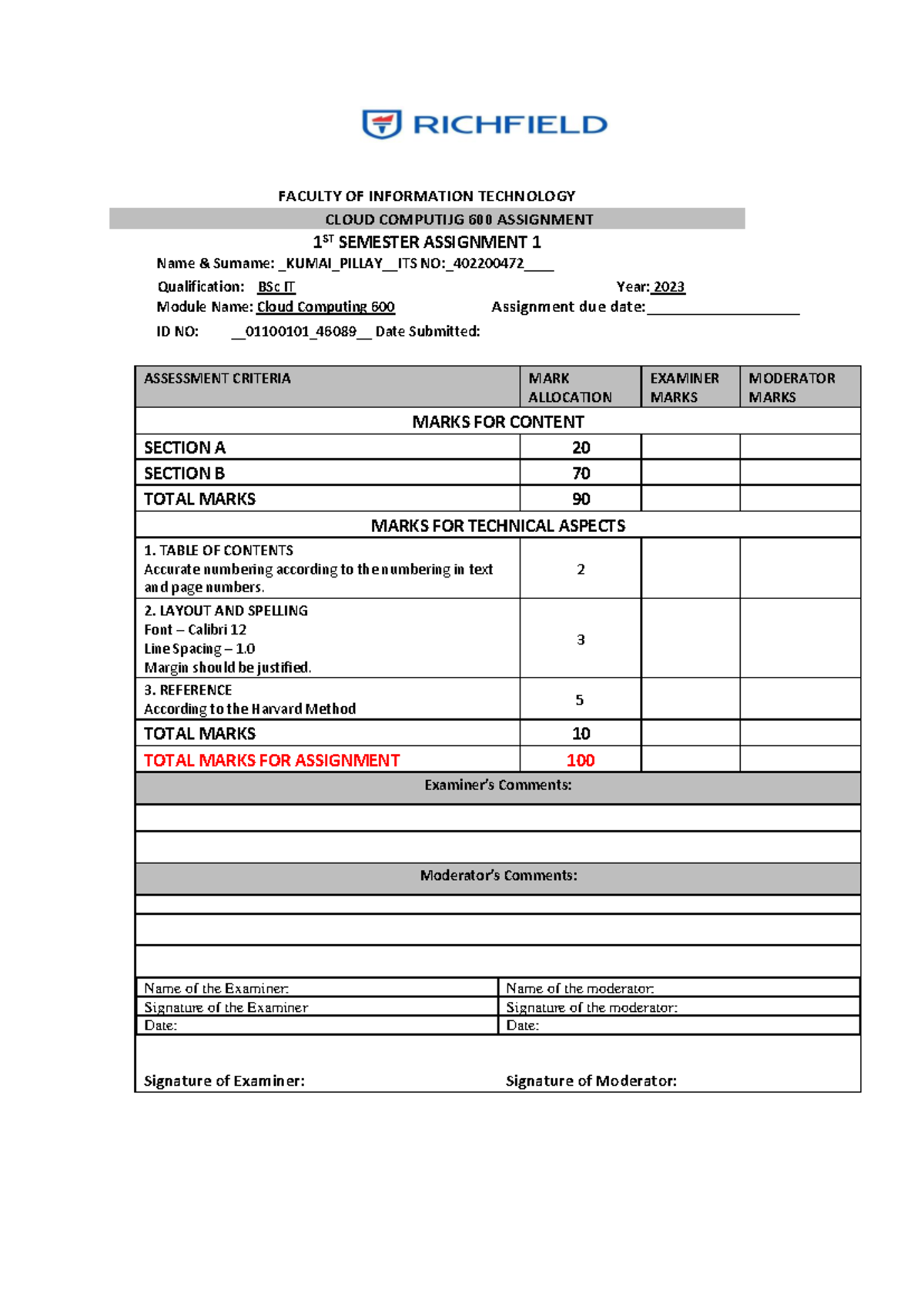 CCP600 D Assignment 1 - FACULTY OF INFORMATION TECHNOLOGY CLOUD ...