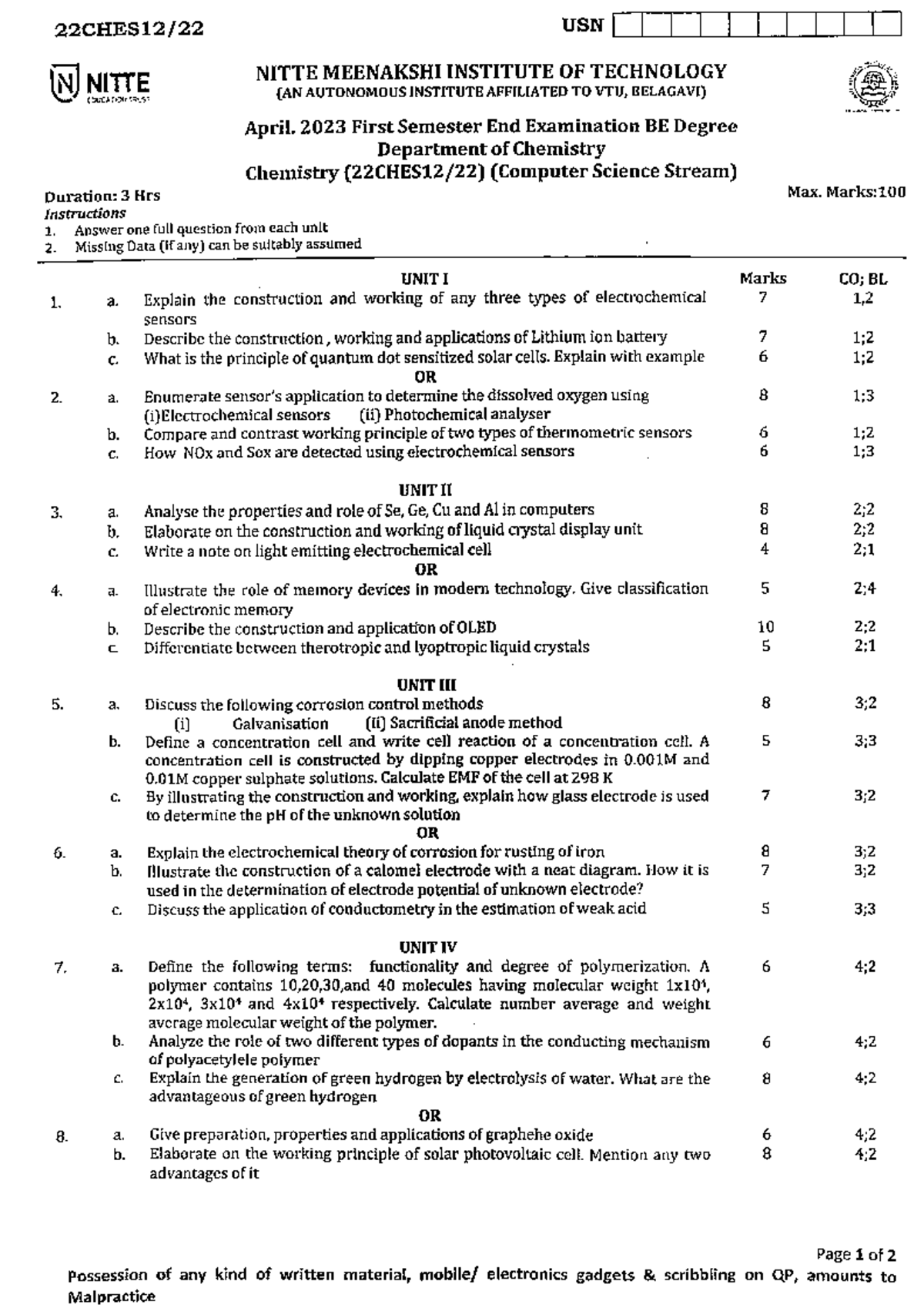 22CHES12 22 Apr 2023 - Old question paper - USN N NITTE NITTE MEENAKSHI ...