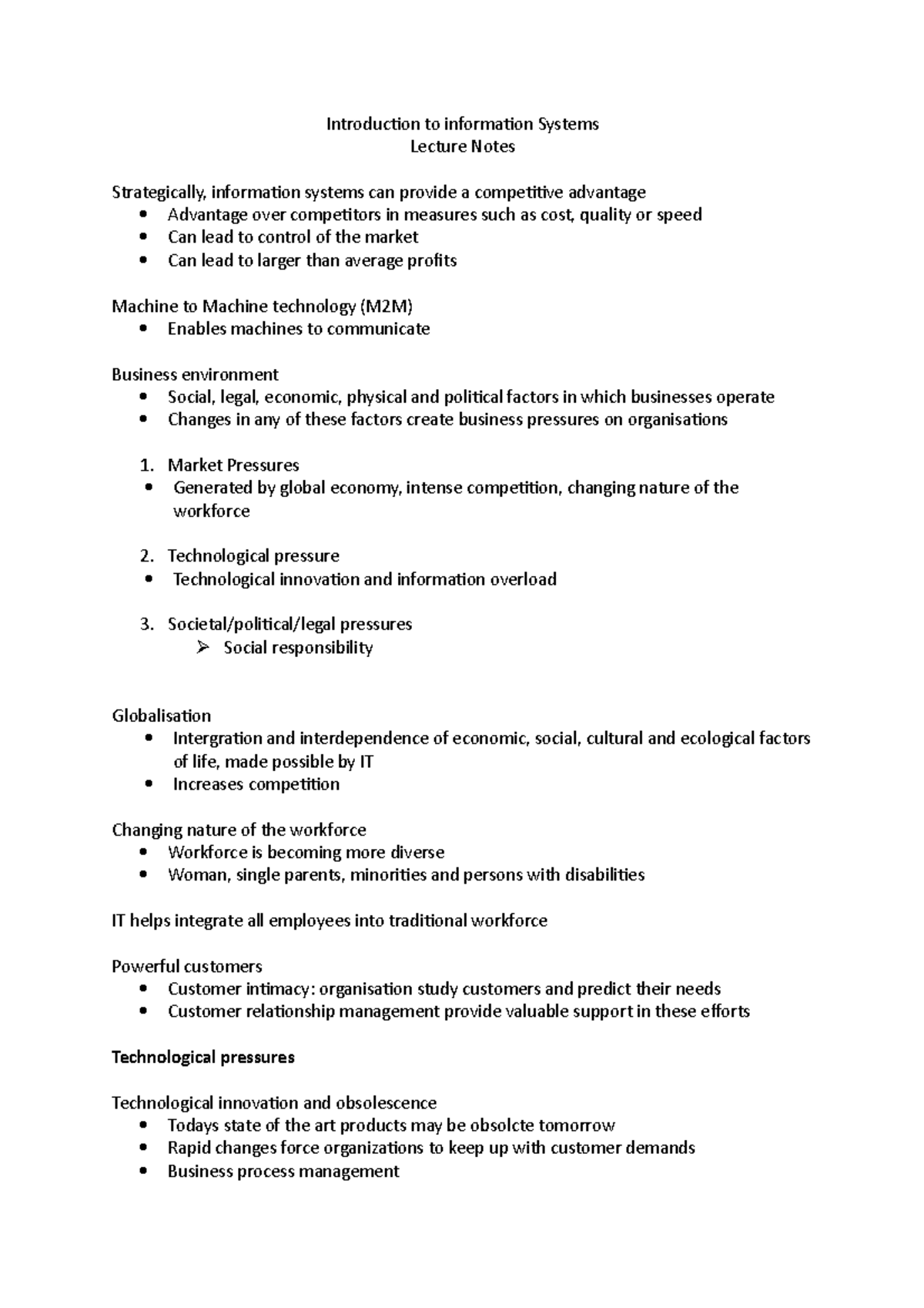 Introduction To Information Systems Lecture Notes Introduction To