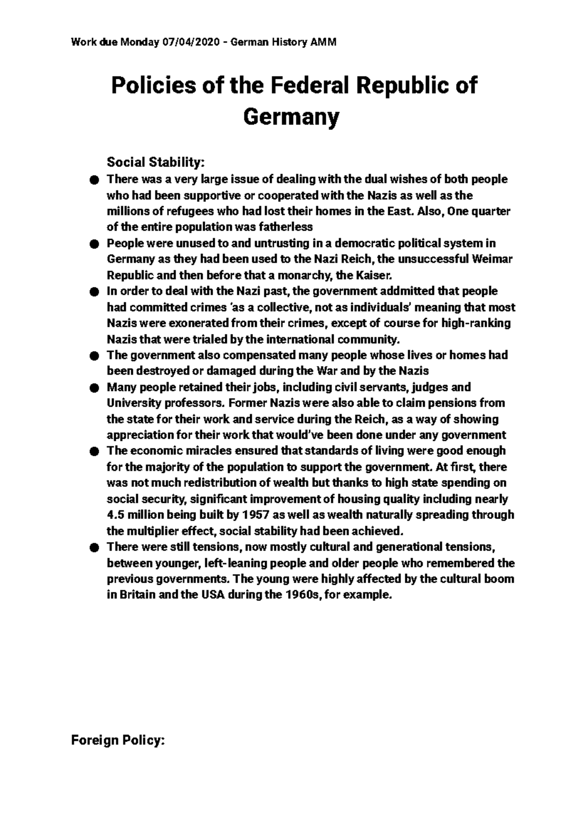 Notes Policies of the Federal Republic of Germany - Work due Monday 07 ...