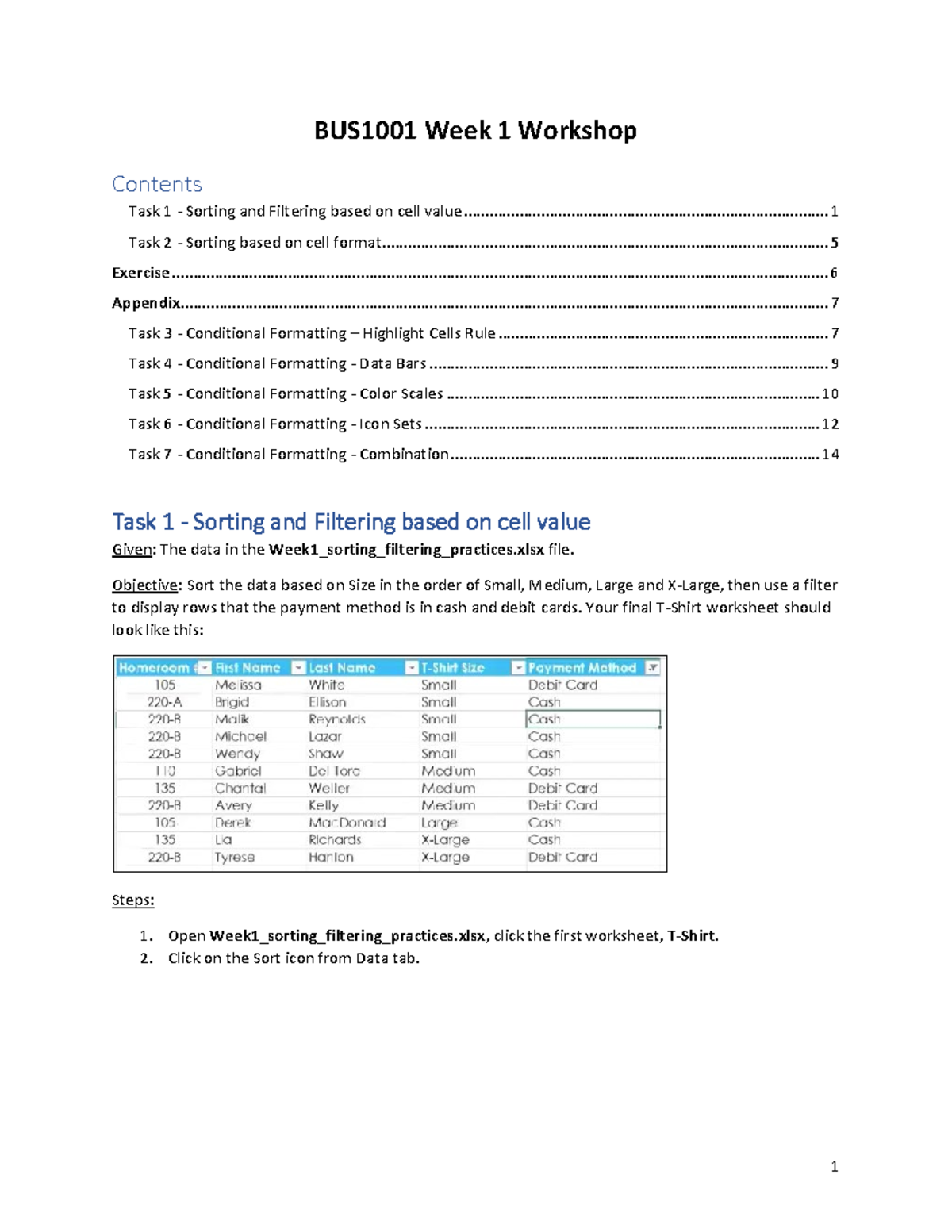 Week 1 Tutorial 1 For Mac - BUS1001 Week 1 Workshop Contents Task 1 - Sorting and Filtering ...