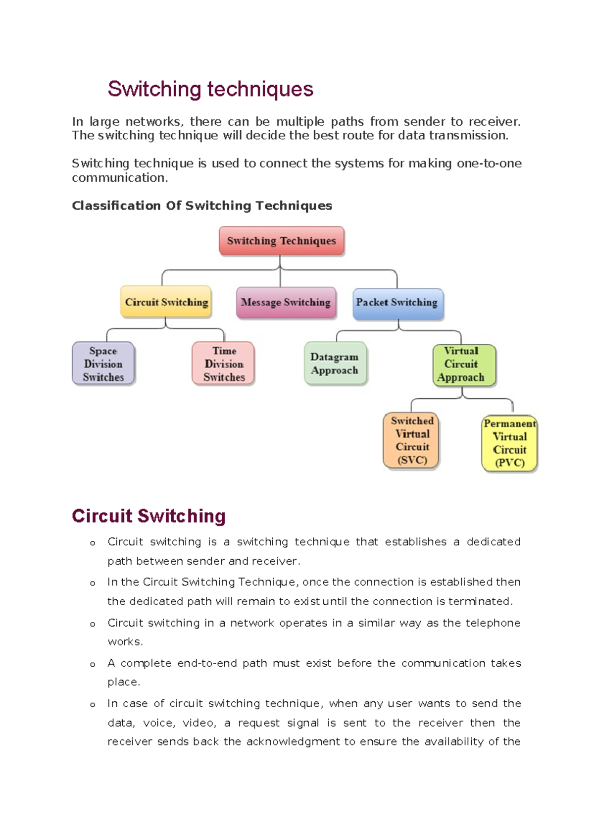 Switching techniques - The switching technique will decide the best route for data transmission ...