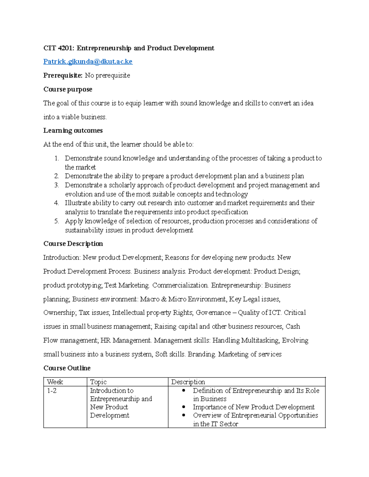 CIT 4201 Entrepreneurship and Product Development Course Outline - CIT ...
