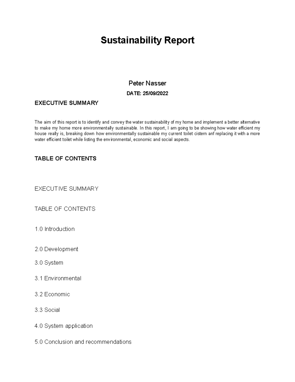 Sustainability Report - Sustainability Report Peter Nasser DATE: 25/09 ...