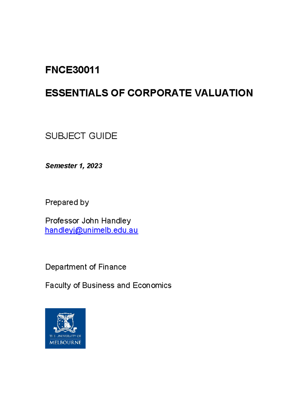 Essentials of Corporate Valuation - Subject Guide - FNCE ESSENTIALS OF ...