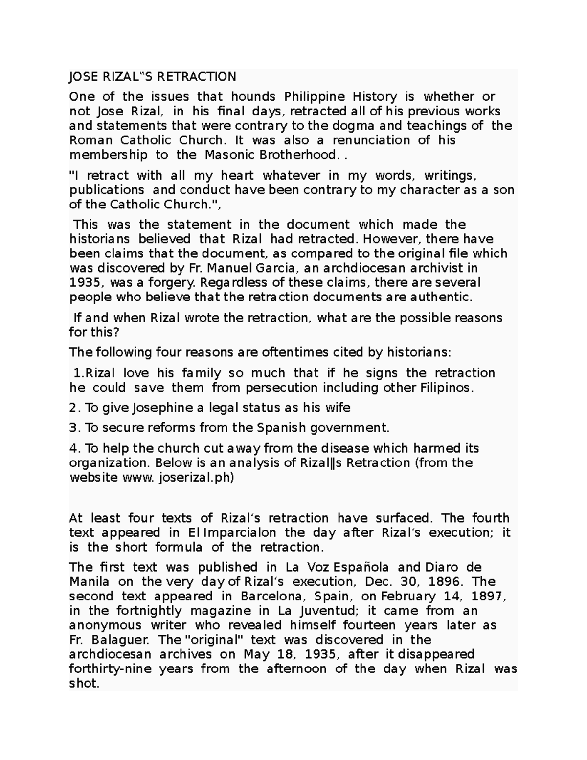 JOSE Rizal - i just need the documents - JOSE RIZAL‟S RETRACTION One of ...
