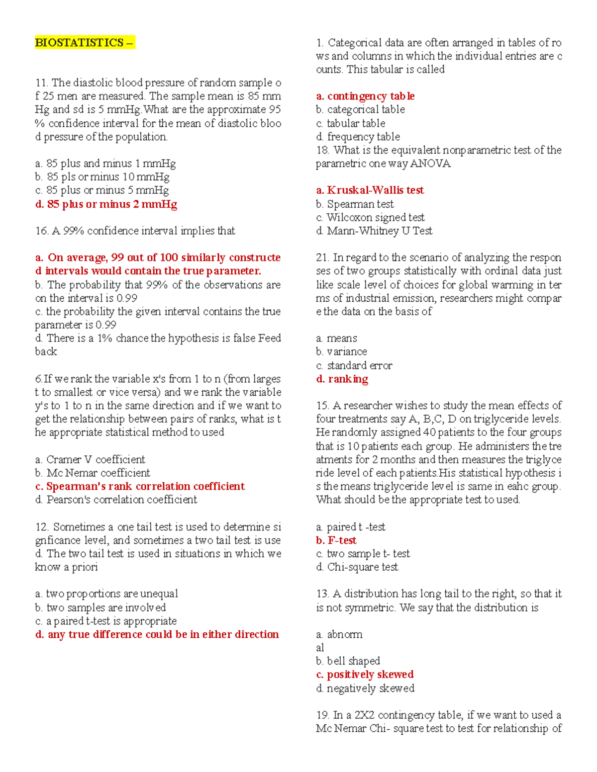 Biostatistics - Practice questions - BIOSTATISTICS – The diastolic blood pressure of random ...