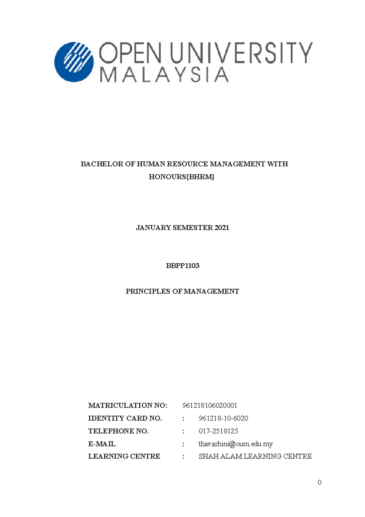 Thavashini BHRM Assignment - BACHELOR OF HUMAN RESOURCE MANAGEMENT WITH ...