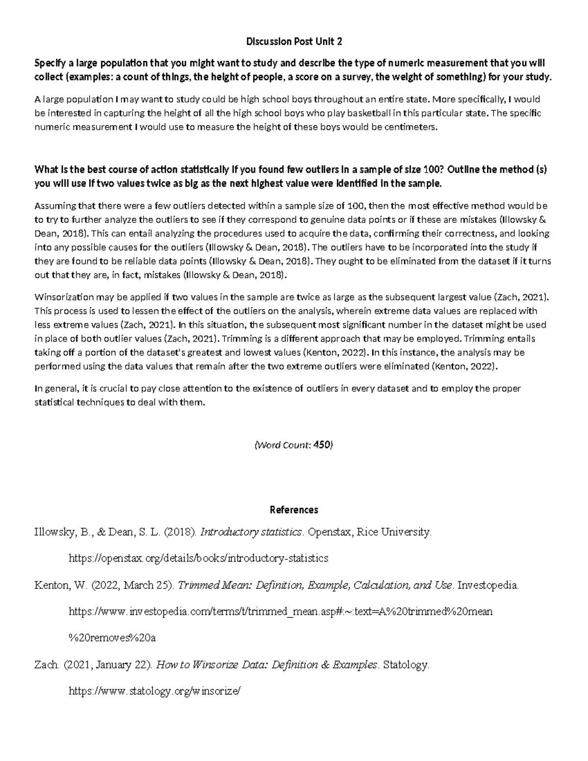 MATH 1280 Discussion Post Unit 2 - Discussion Post Unit 2 Specify a large population that you ...