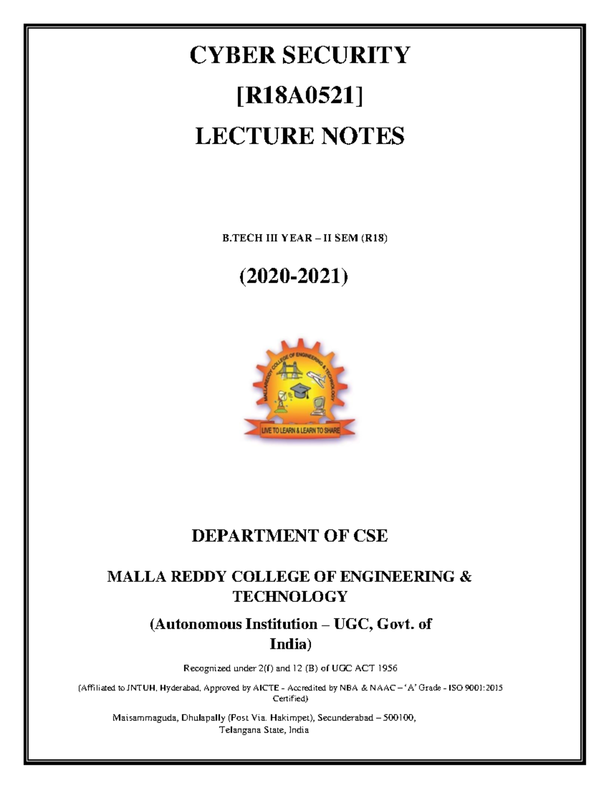 Cyber Security Notes Cyber Security [r18a0521] Lecture Notes B Iii