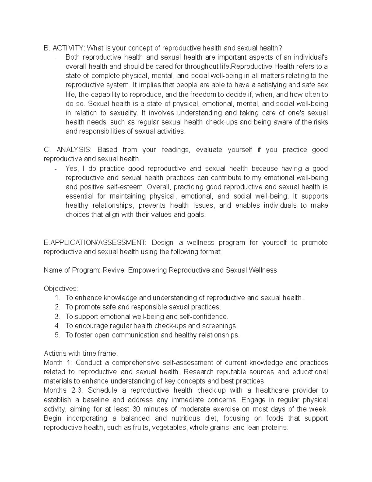 Promoting Reproductive AND Sexual Health - B. ACTIVITY: What is your ...