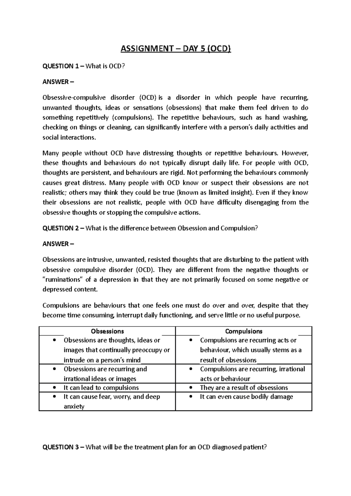 Rizun Day 5 Assignment - ASSIGNMENT – DAY 5 (OCD) QUESTION 1 – What is OCD? ANSWER – - Studocu