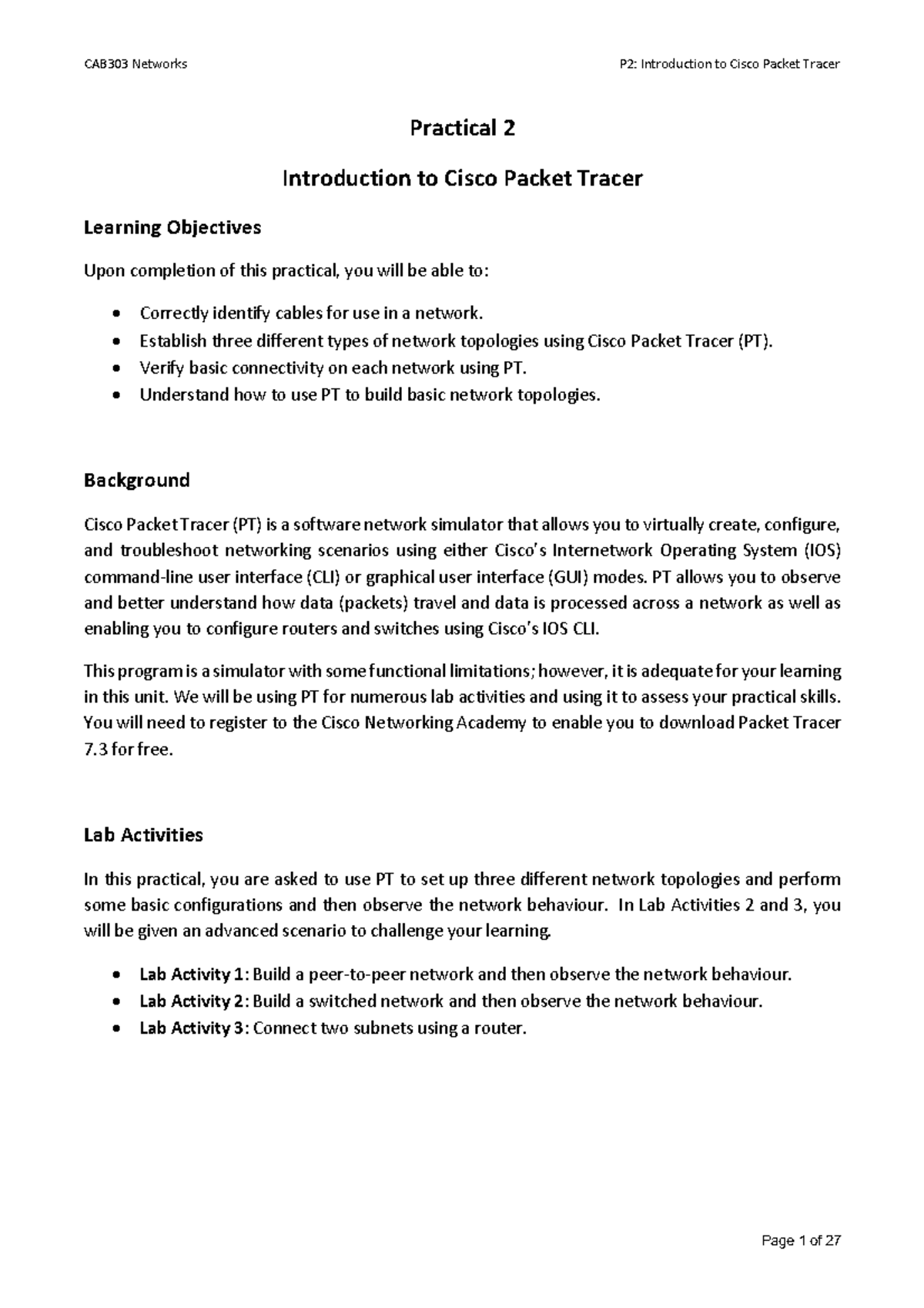 CAB303 Prac2 Introduction to Cisco Packet Tracer v2021 - CAB303 - QUT - Studocu