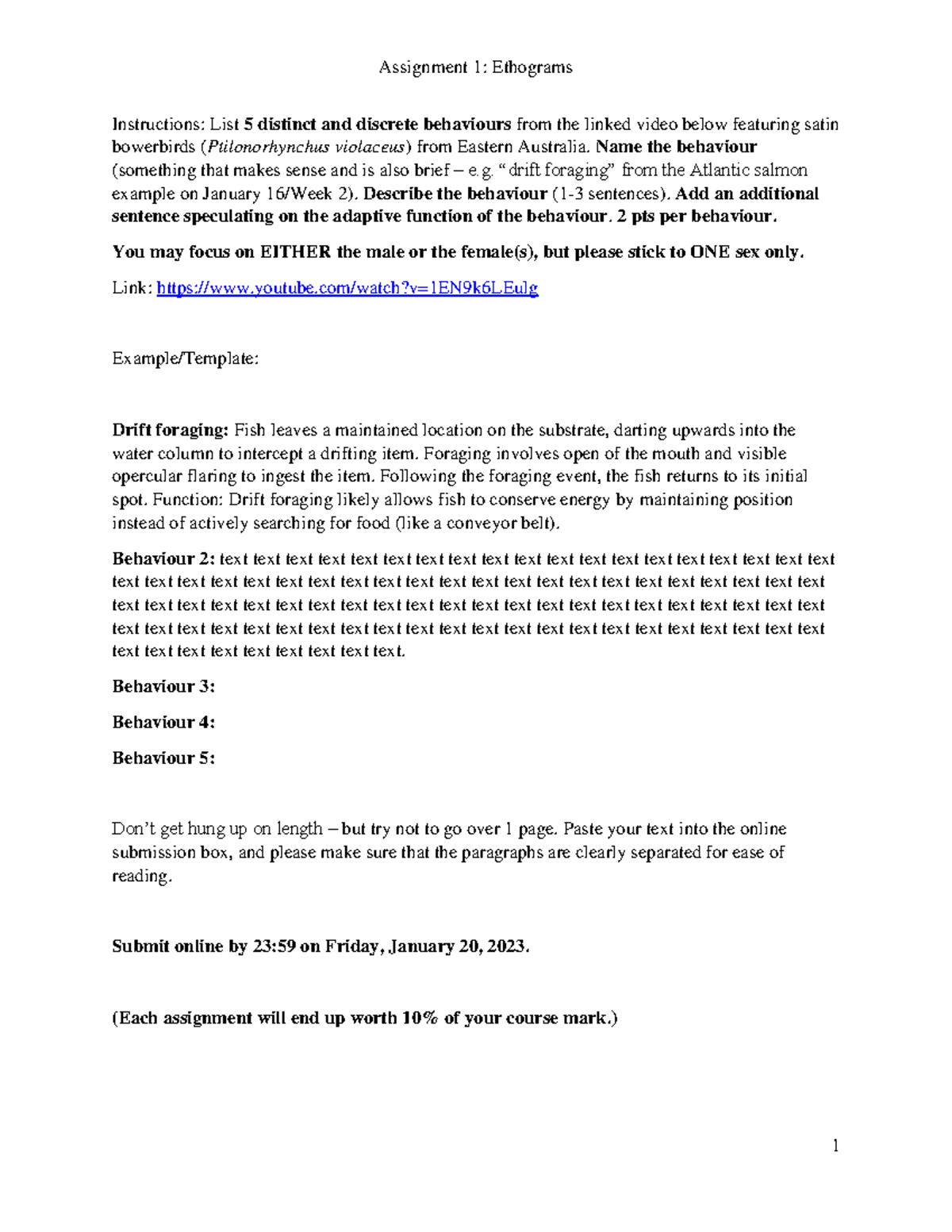 Assignment #1 Ethogram Instructions - Assignment 1: Ethograms 1 ...