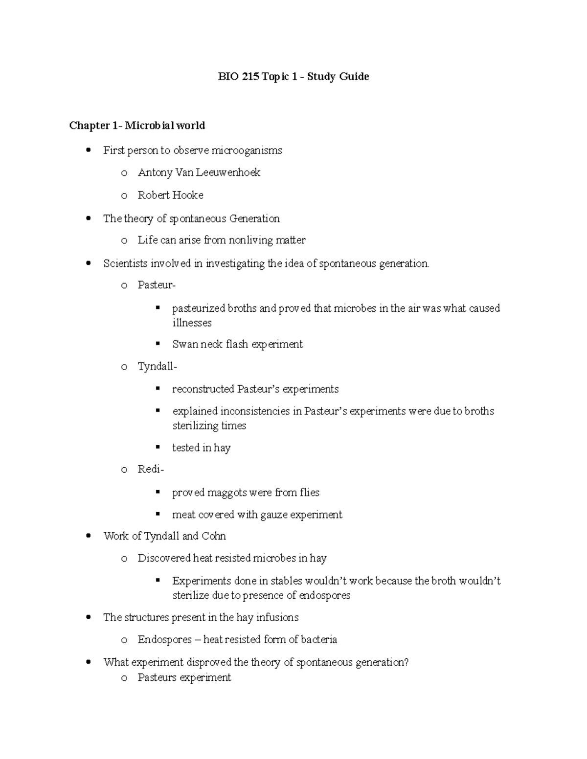 BIO 215 Topic 1 - Study Guide - BIO 215 Topic 1 - Study Guide Chapter 1 ...
