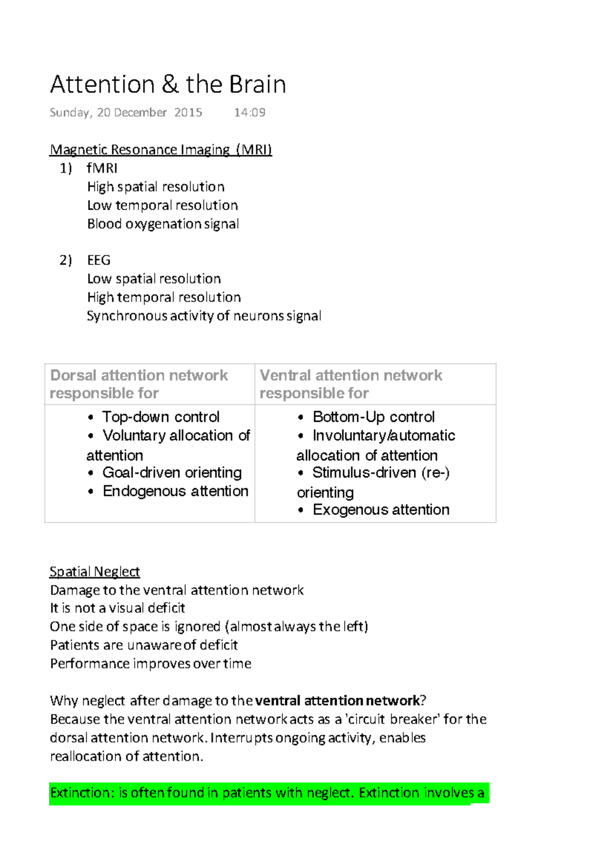 Attention Attention & The Brain - Lecture notes, lectures 1 - 20 - fMRI ...