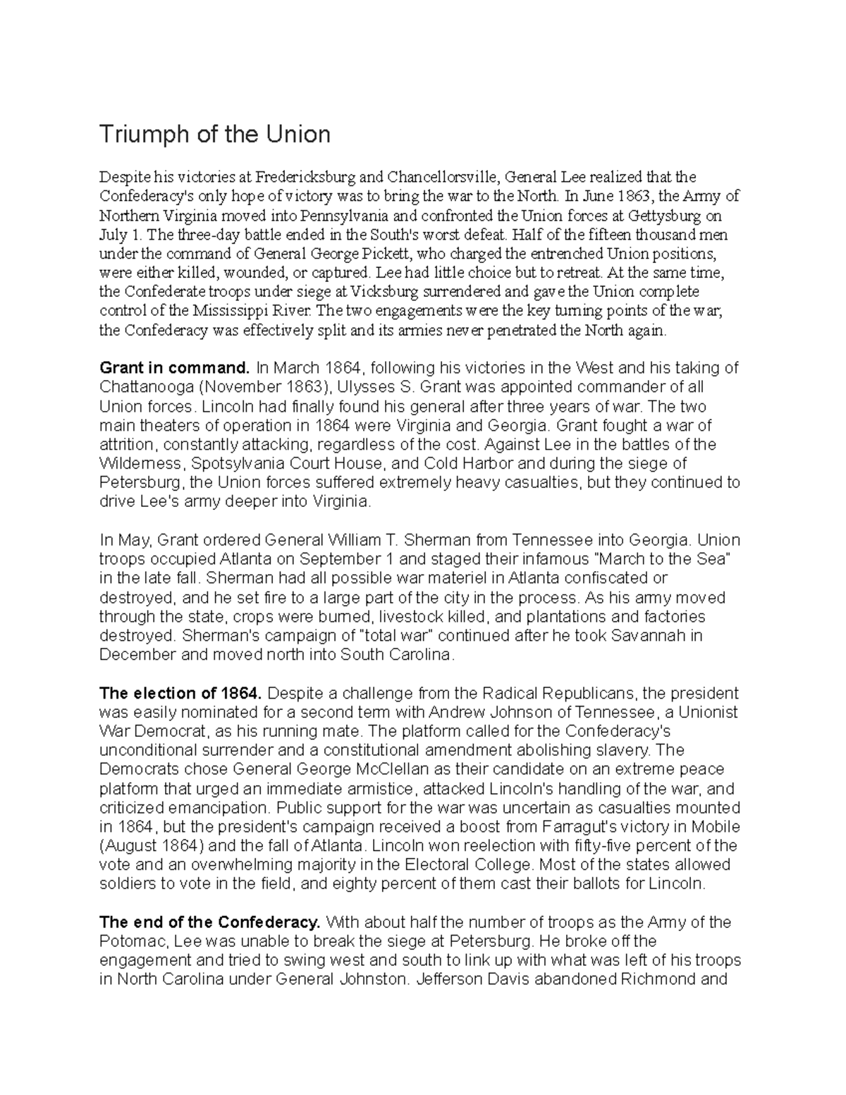 Triumph of the Union - notes - Triumph of the Union Despite his ...