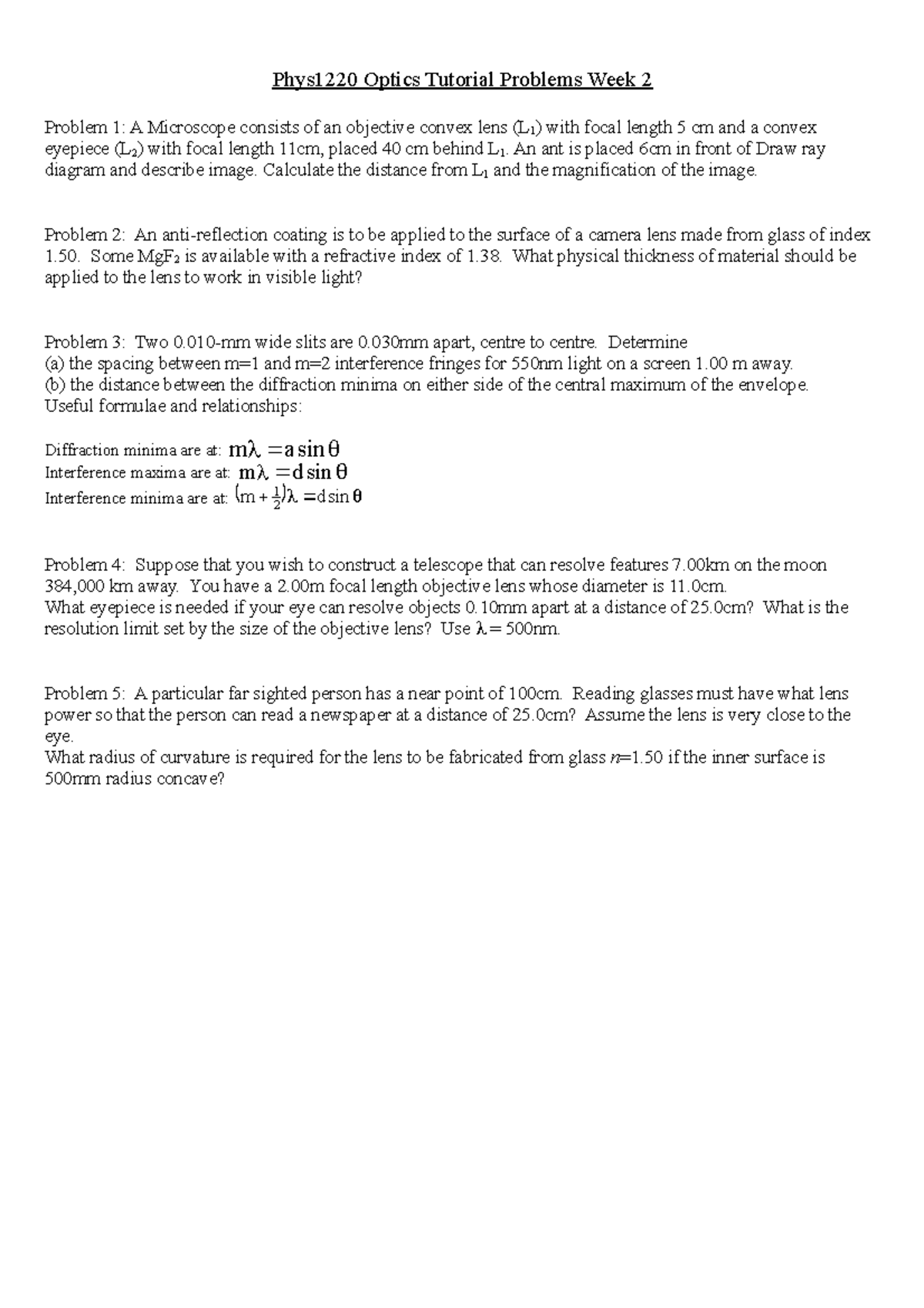 Tutorial Questions Phys 1220 Optics Tutorial 2 - Phys1220 Optics ...