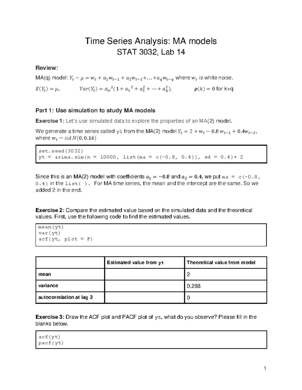 Lab14 Worksheet - 1 Time Series Analysis: MA models STAT 3032, Lab 1 4 ...