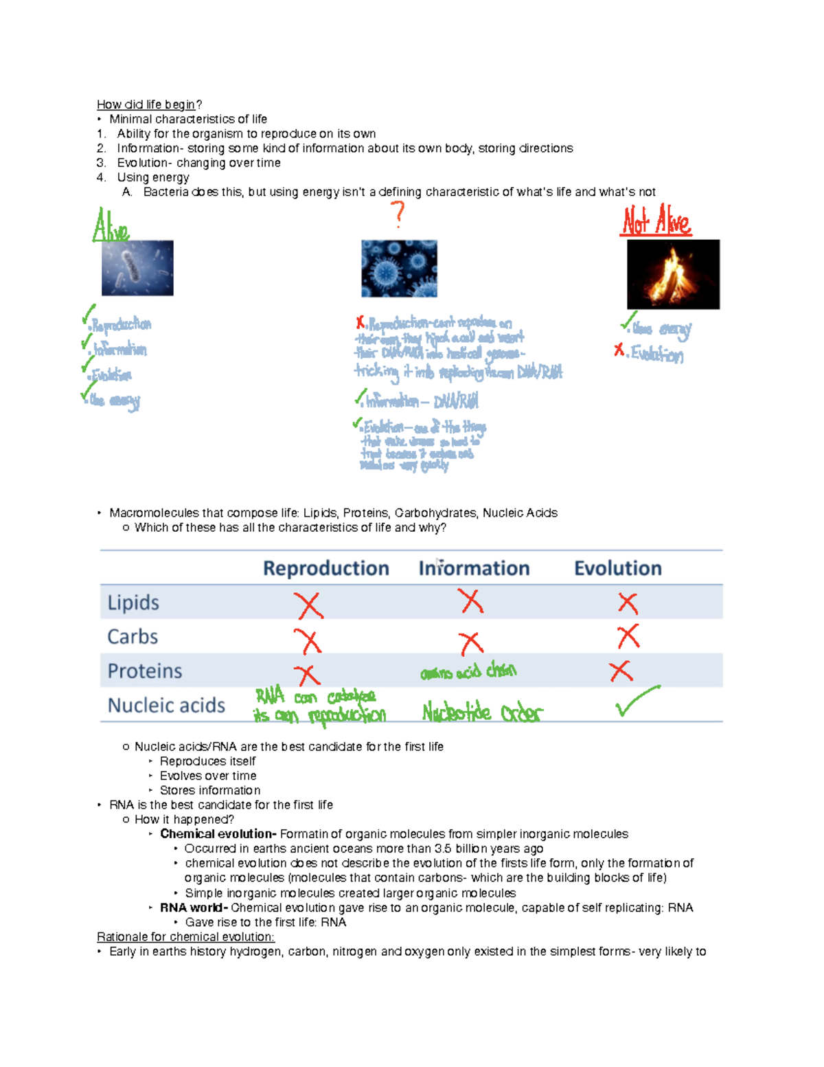 Lec 25 First life - notes - How did life begin? Minimal characteristics ...