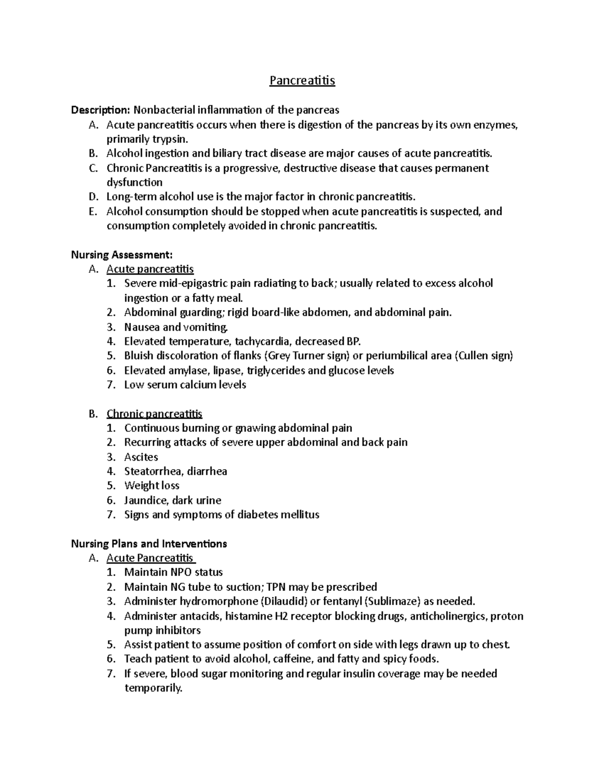 Pancreatitis Outline - Lecture notes 1-2 - Pancreatitis Description ...